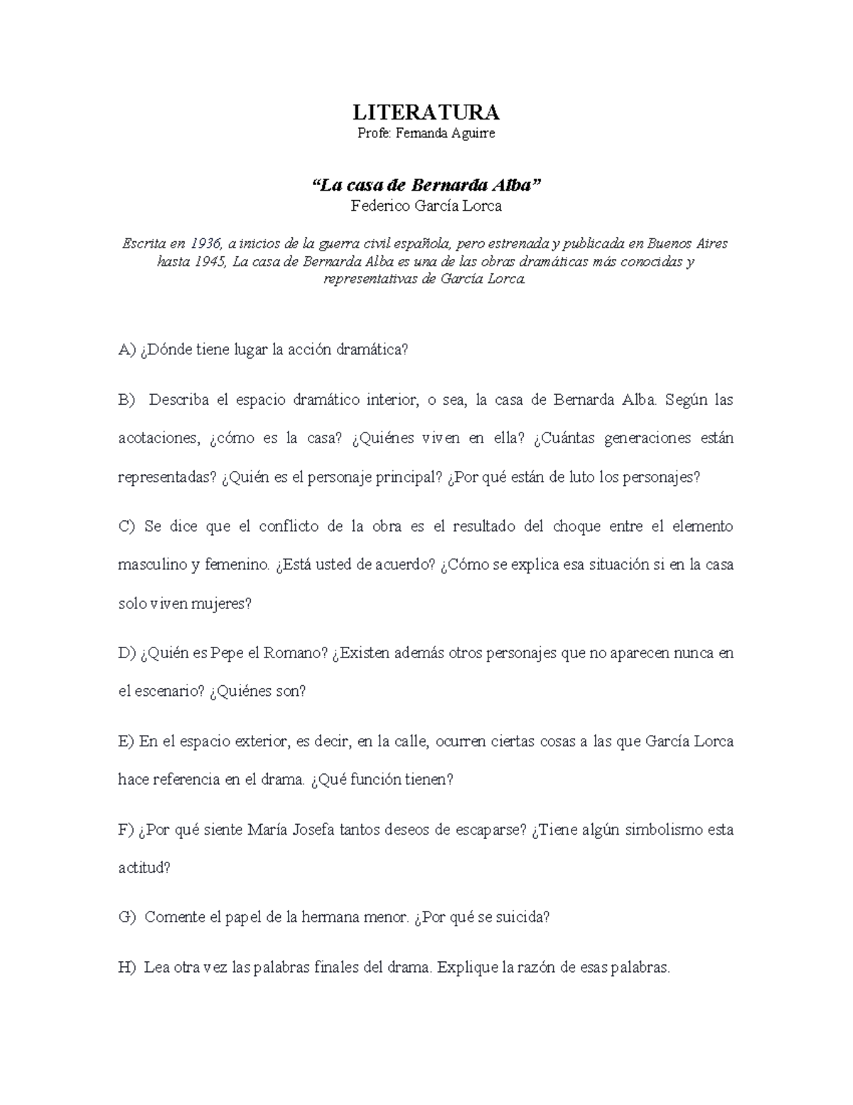 Act. La casa de Bernarda Alba-LIT - LITERATURA Profe: Fernanda Aguirre ...