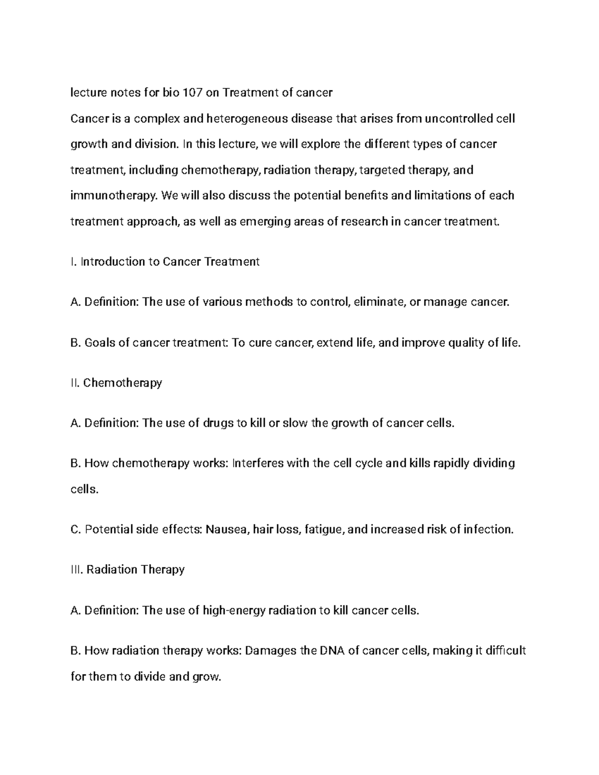 Lecture notes for bio 107 on Treatment of cancer - lecture notes for ...