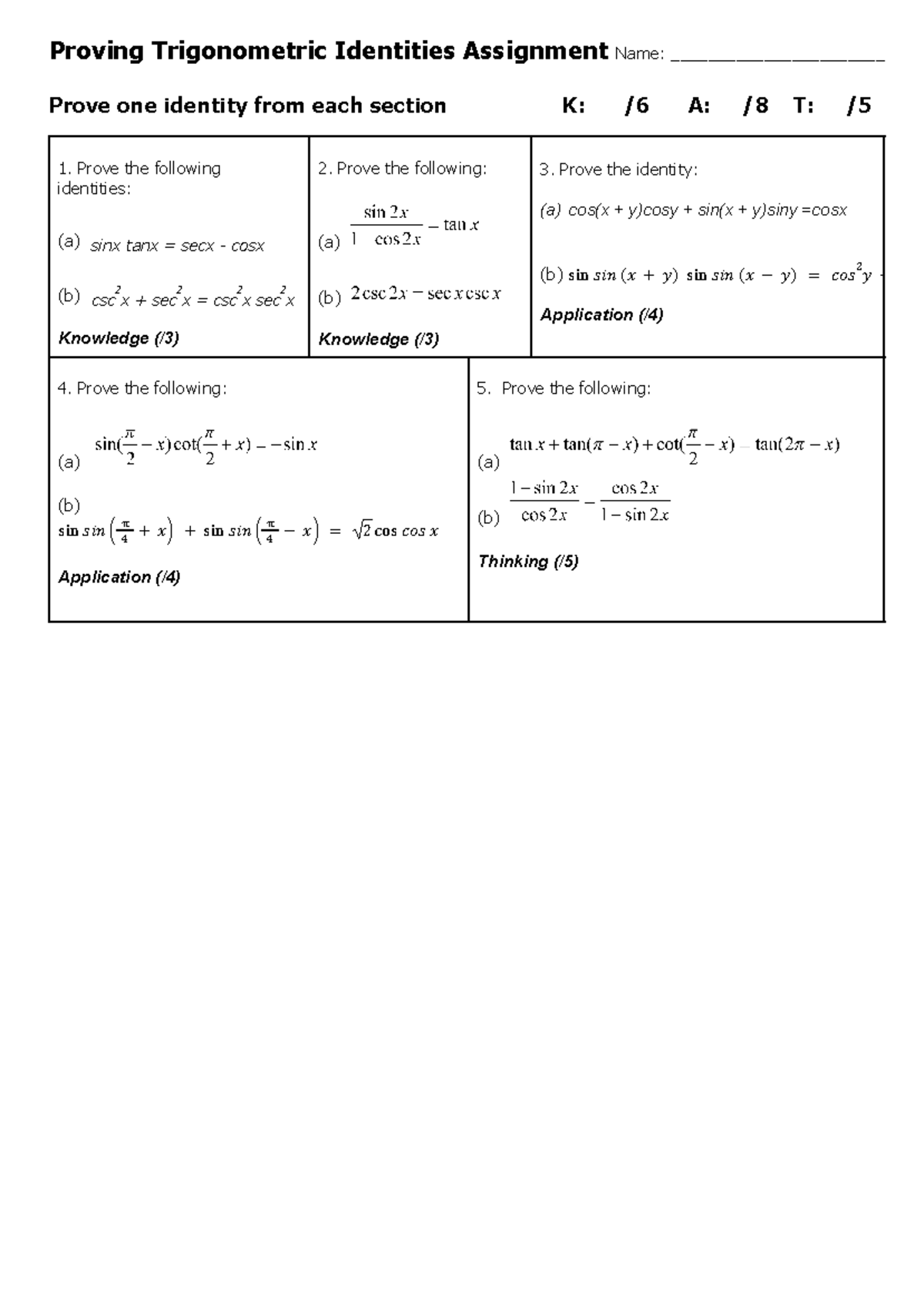 Copy of Assignment - Trig Identities - 2023 - Proving Trigonometric Identities Assignment Name ...