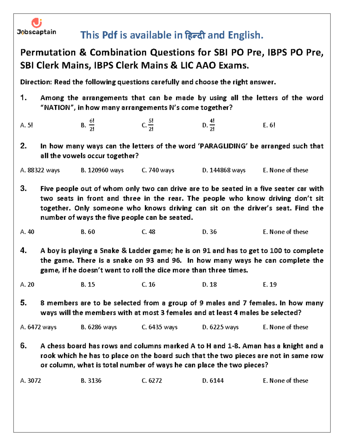12 Permutation and Combination Questions for Bank PO - This Pdf is available in and English ...