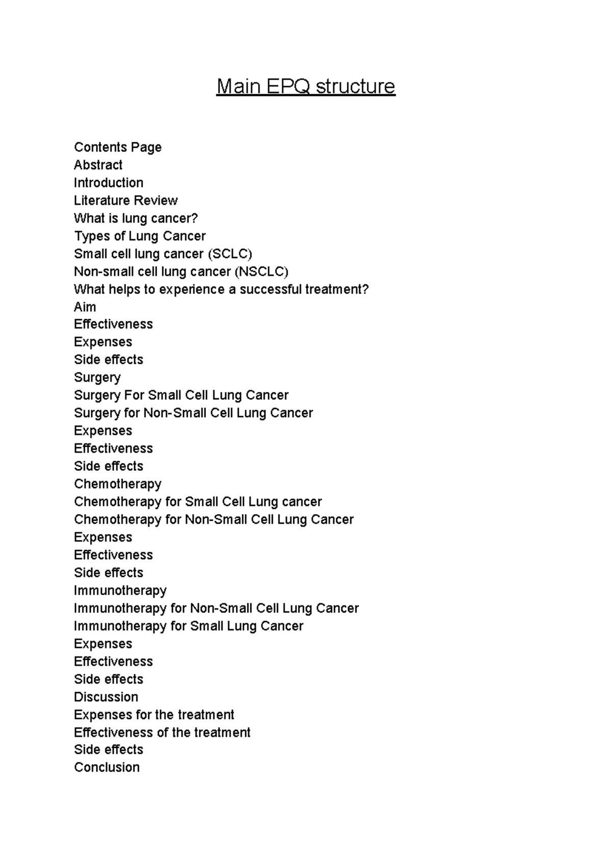 Possible structure for Lung cancer EPQ - Main EPQ structure Contents ...