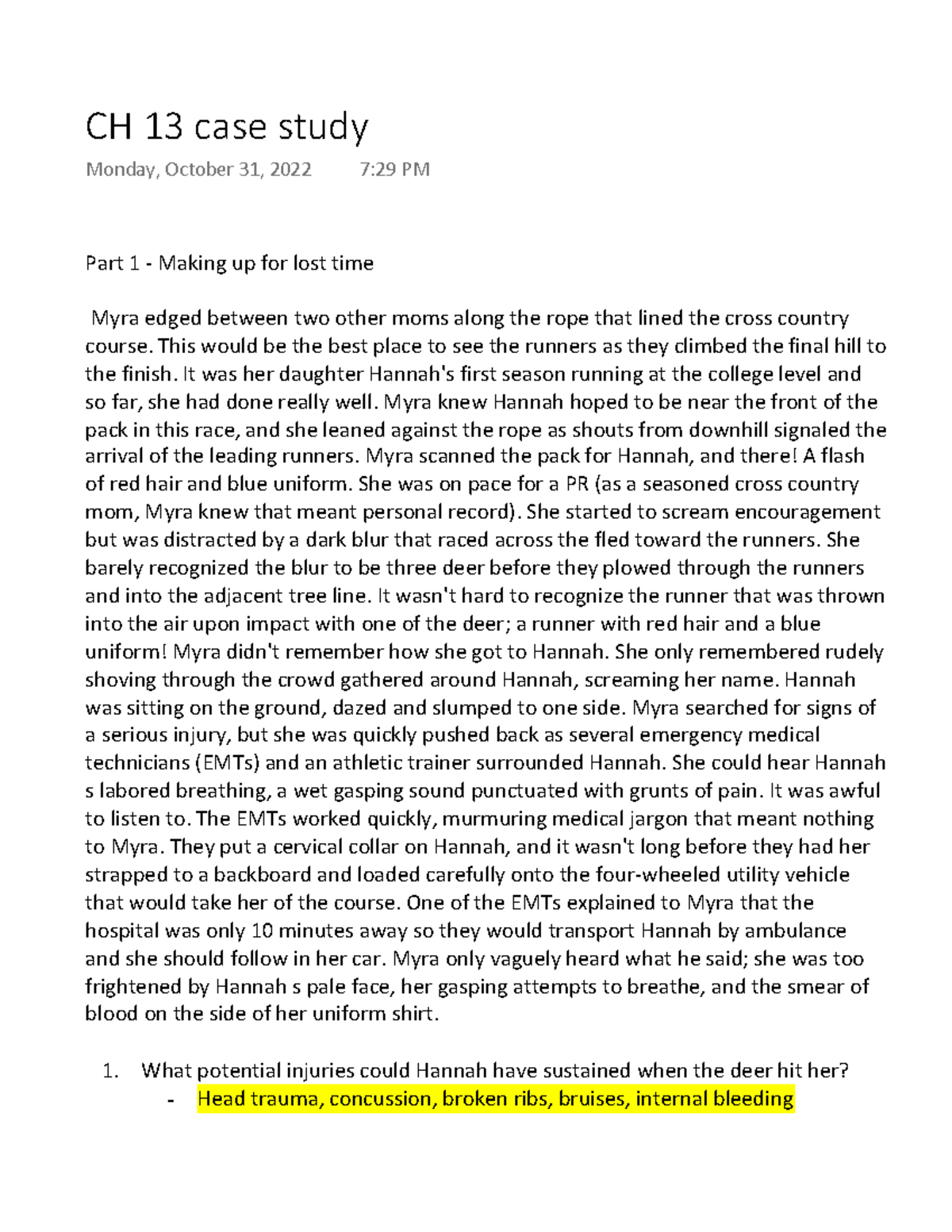 BIO 270 CH 13 case study - Marquardt - Part 1 - Making up for lost time ...