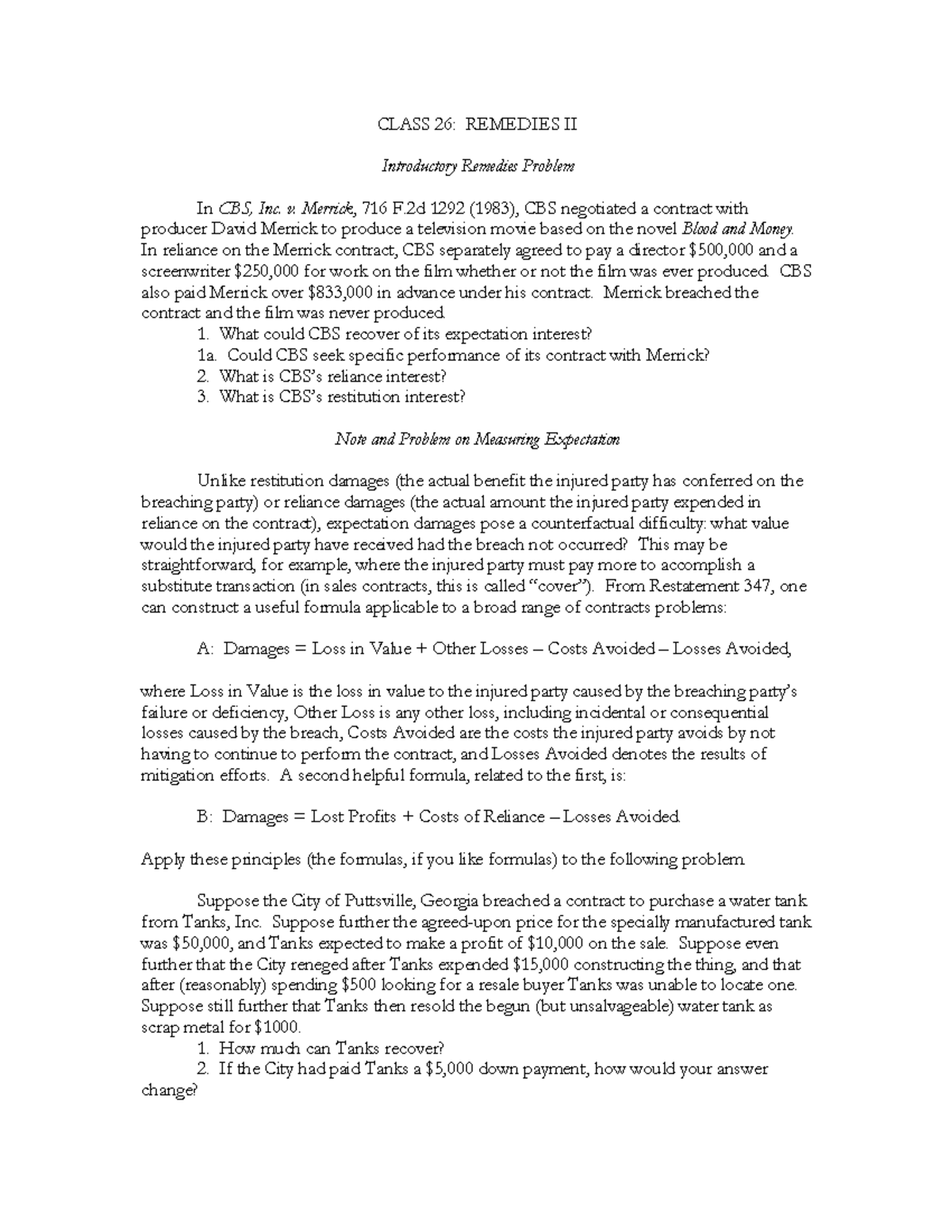 Class 26 handout - Practice guide - CLASS 26 : REMEDIES II Introductory ...