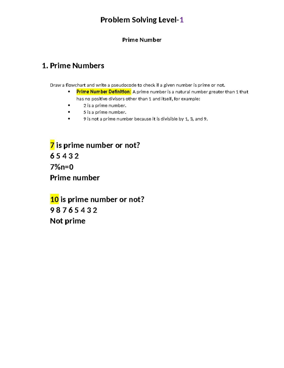 Prime Numbers With Pseudocode 1 Prime Numbers Draw A Flowchart And Write A Pseudocode To