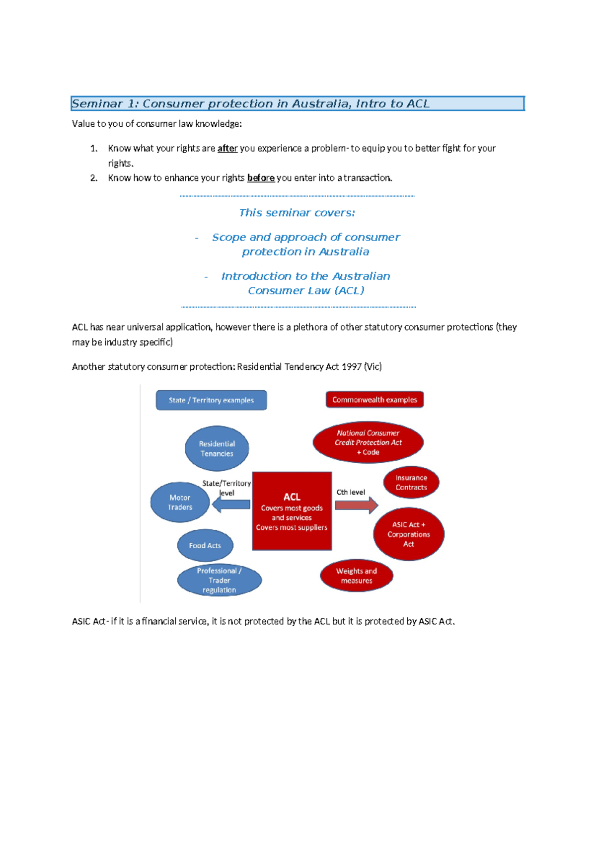 Seminar 1&2docx - Seminar 1: Consumer protection in Australia, Intro to ...