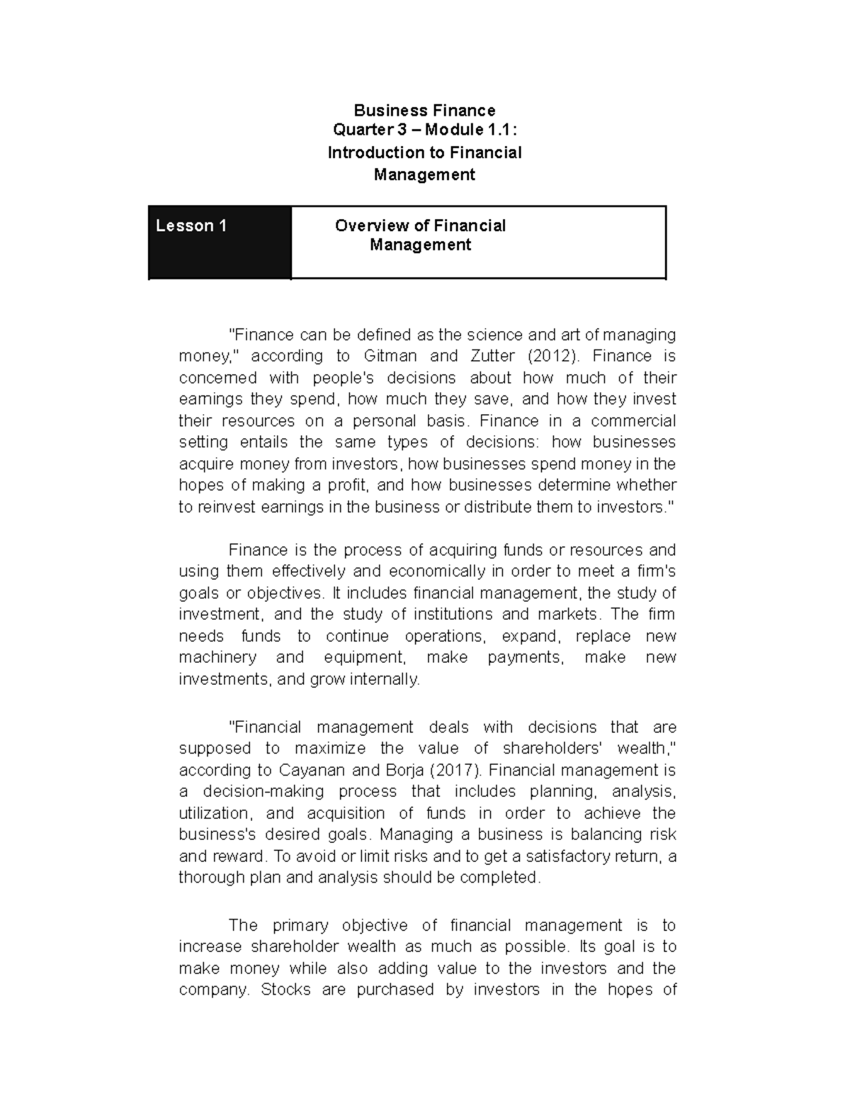 Business Finance - Some of these are notes - Business Finance Quarter 3 ...