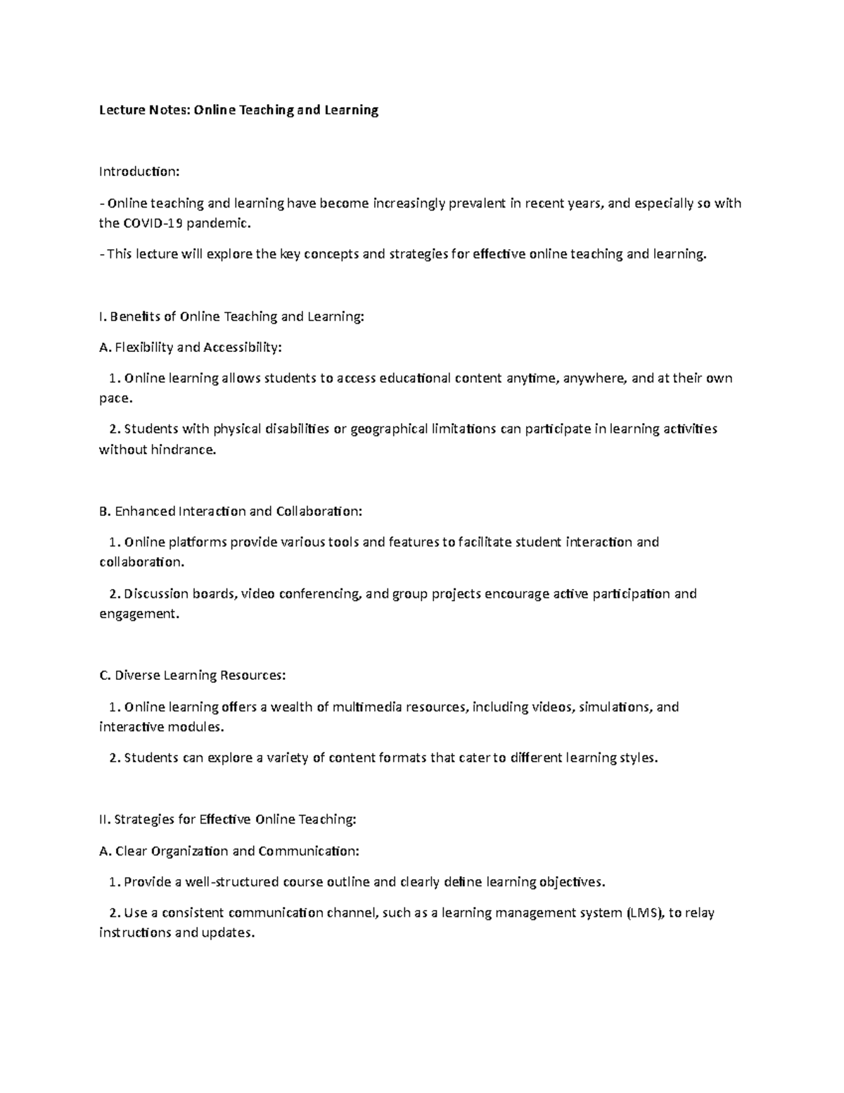 Lecture Notes: Online Teaching and Learning - Lecture Notes: Online ...