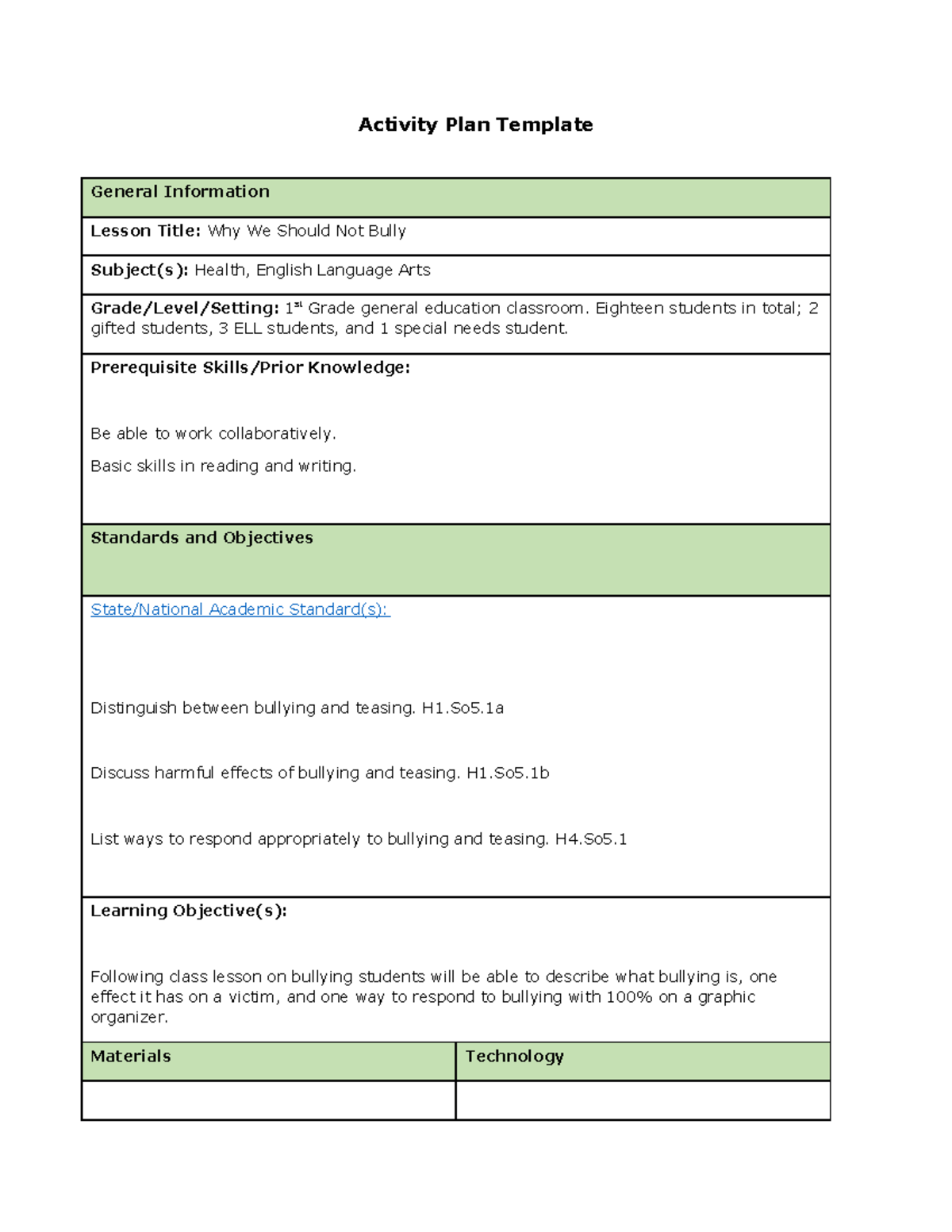 Activity Plan Template: Physical Education and Health Methods ...