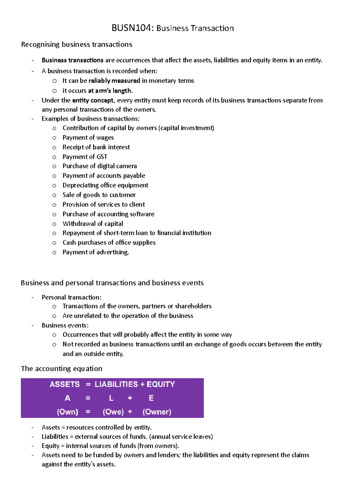 2. Business Transactions - BUSN104: Business Transaction Recognising ...