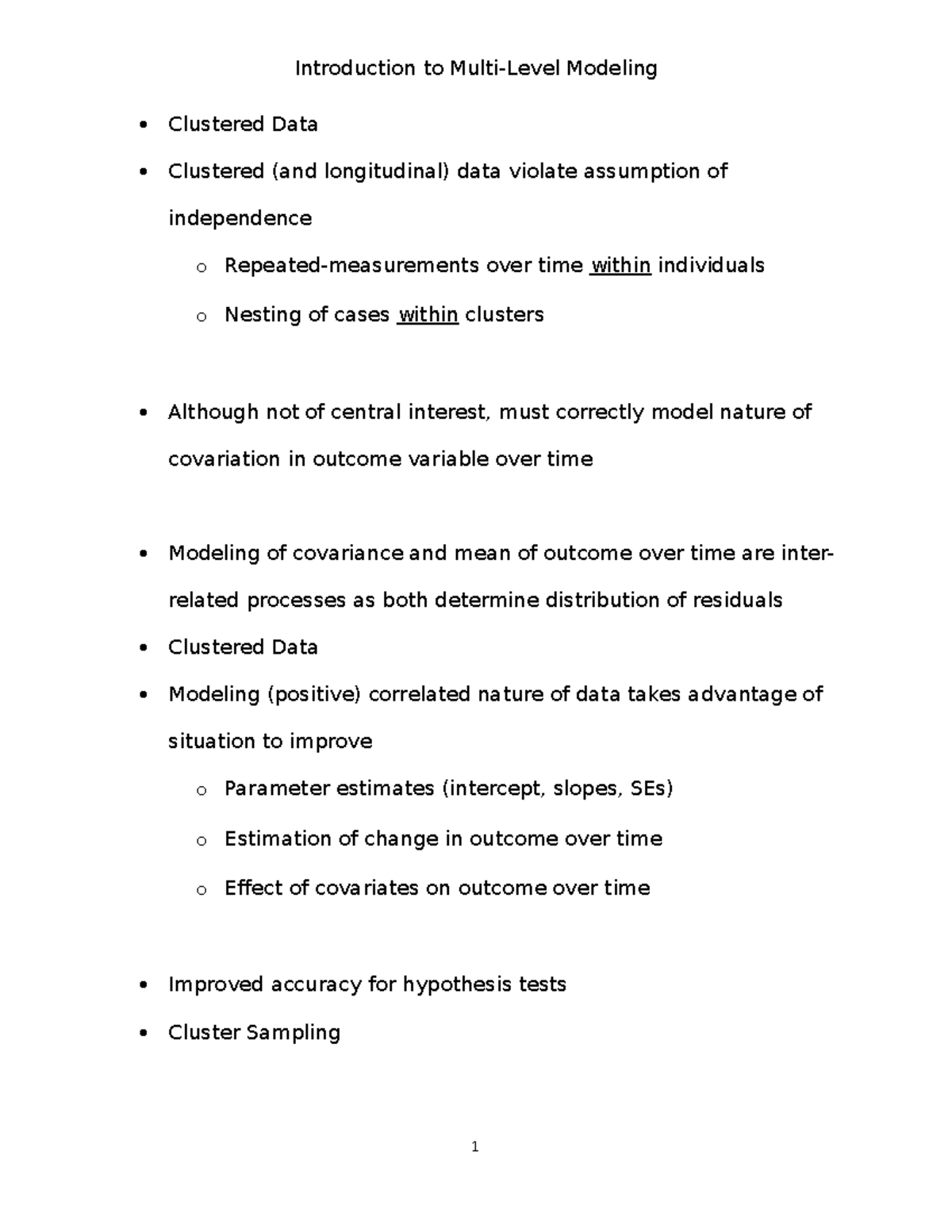 Introduction to Multi-Level Modeling II - Clustered Data Clustered (and longitudinal) data - Studocu