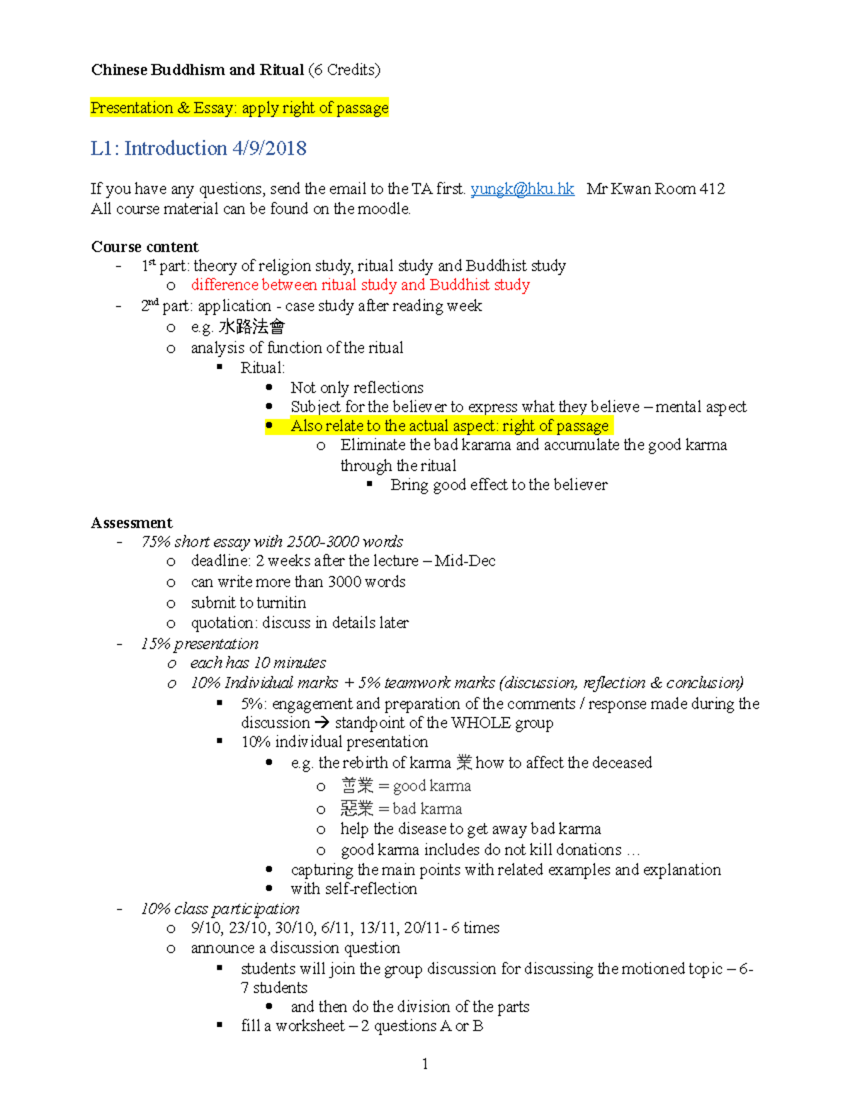 Lectures Notes Lecture 1-3 - Chinese Buddhism and Ritual (6 Credits ...