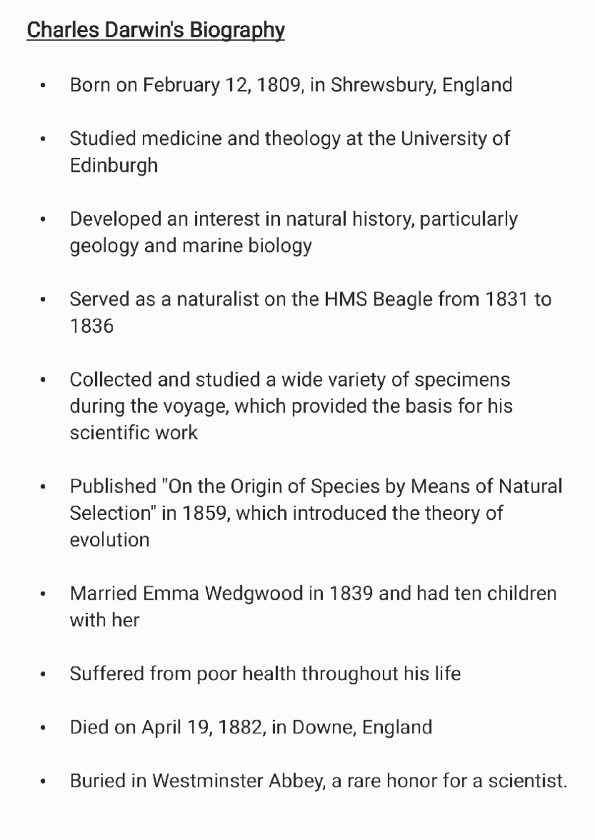 Charles Darwin's Biography - General biology - Studocu
