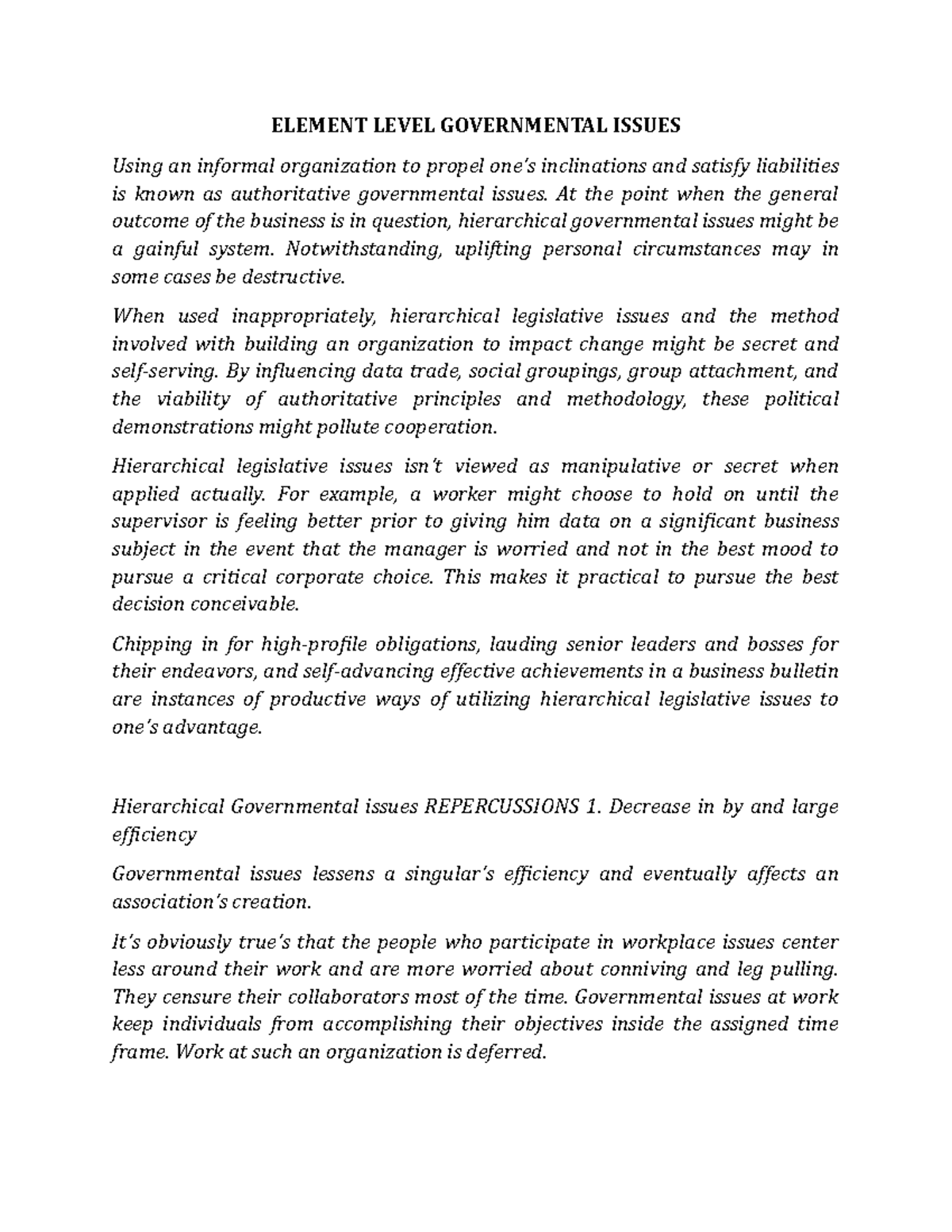 Element Level Governmental Issues - ELEMENT LEVEL GOVERNMENTAL ISSUES ...