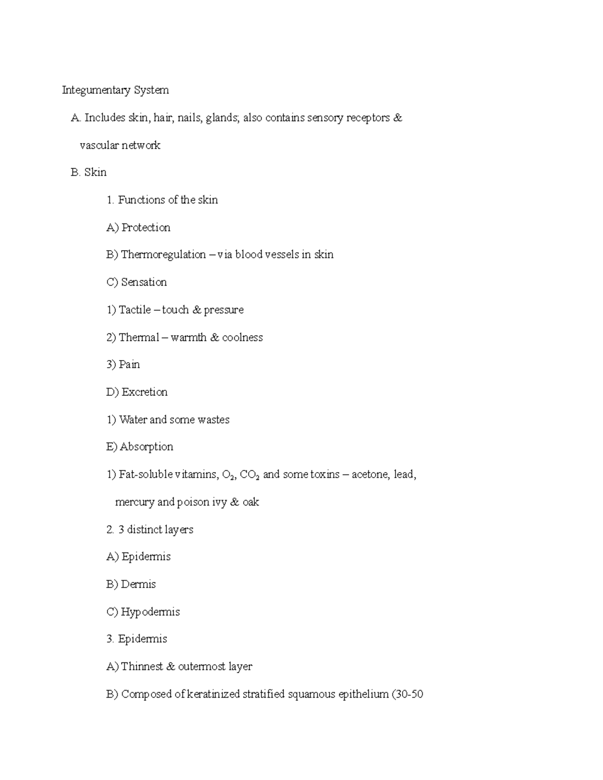 Integumentary System - class notes - Integumentary System A. Includes ...