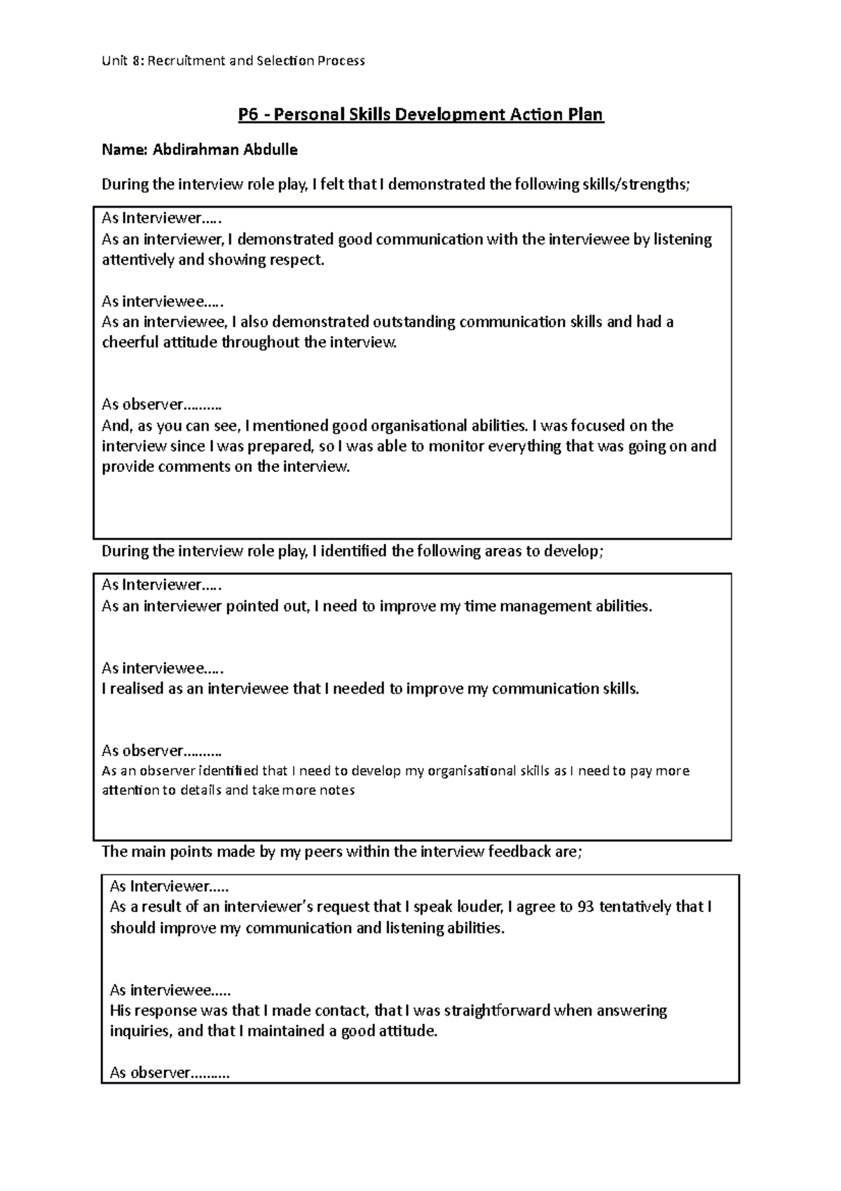 P6 Personal-Skills-Development-Action-Plan - Unit 8: Recruitment and ...