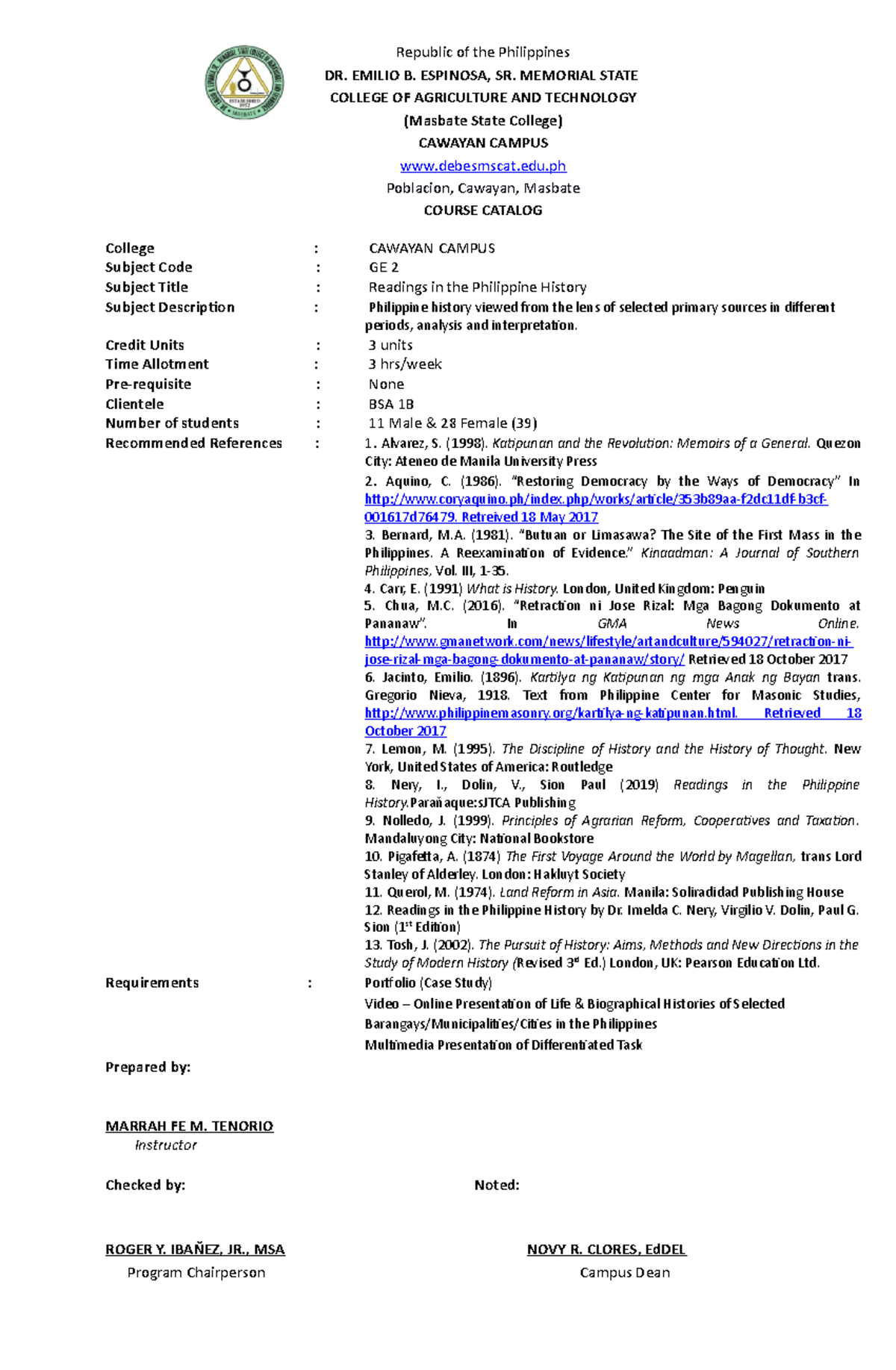 Course-Catalog 101 - Republic of the Philippines DR. EMILIO B. ESPINOSA ...