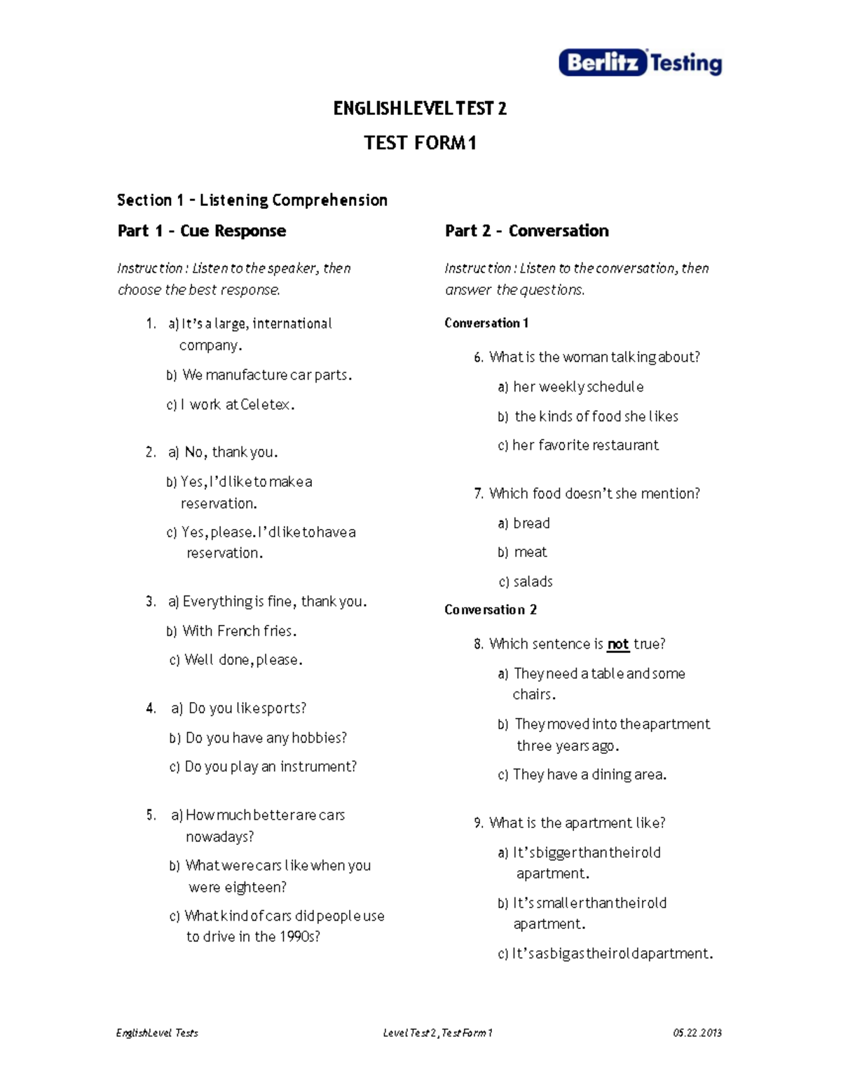 English Level Test 2 TF1 05.22.13 - ENGLISH LEVEL TEST 2 TEST FORM 1 ...