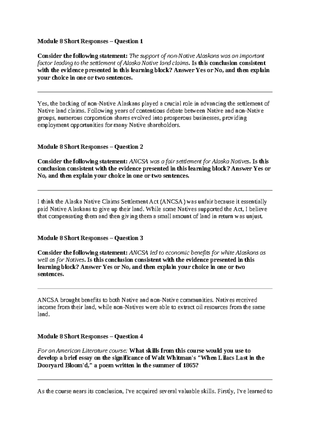 Mod 8 short answers - Module 8 Short Responses – Question 1 Consider ...