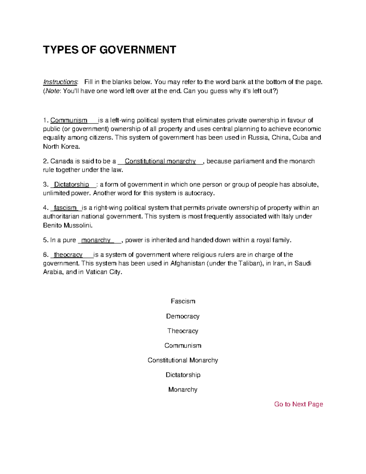 Types of Government - TYPES OF GOVERNMENT Instructions: Fill in the ...