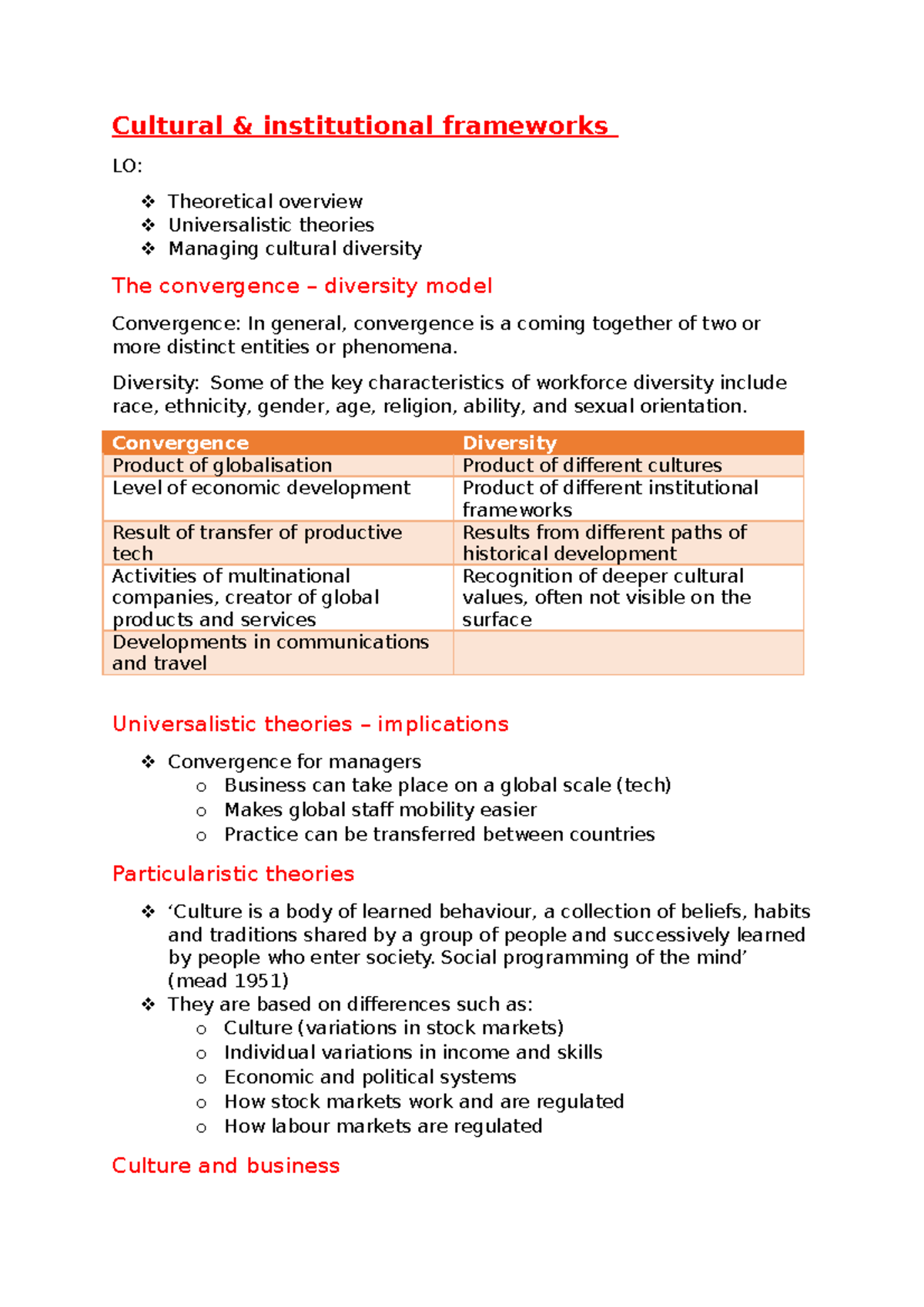 Week 6 Cultural - Lecture notes 6 - Cultural & institutional frameworks ...