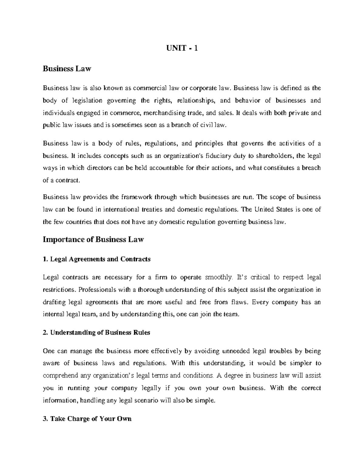 V20PBA201 LBE VC Unit 1 Part 1 of 2 - UNIT - 1 Business Law Business ...