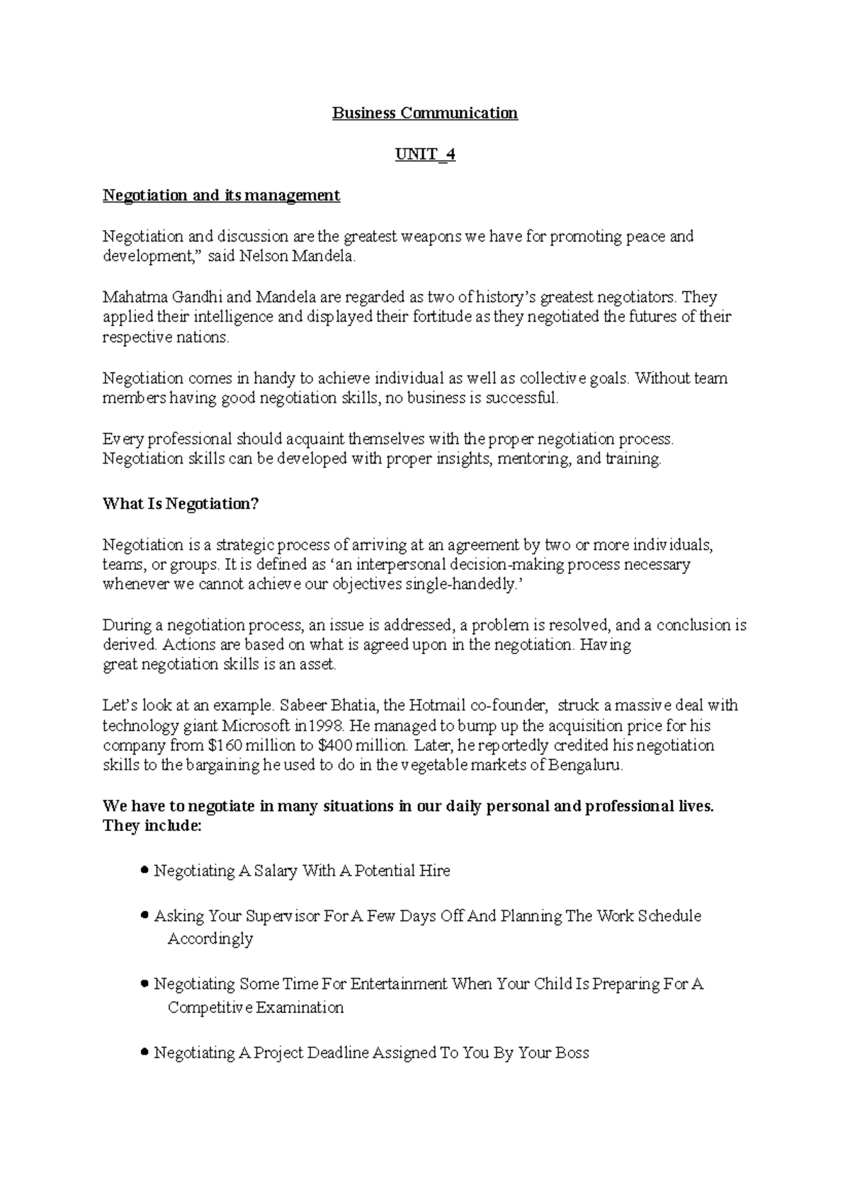 Unit 4 - Business Communication UNIT_ Negotiation and its management ...