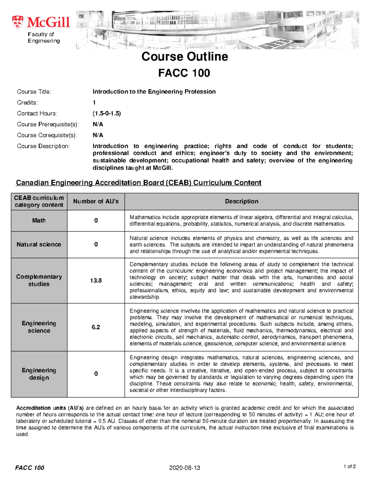 FACC 100 Course Outline Fall 2020 Revised - FACC 100 2020-08-13 1 of 2 ...