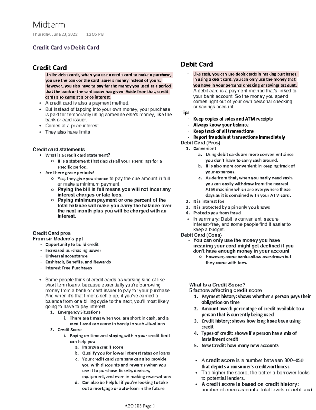 AEC108Midterm-mergedFundamenta - Credit Card vs Debit Card Credit Card ...