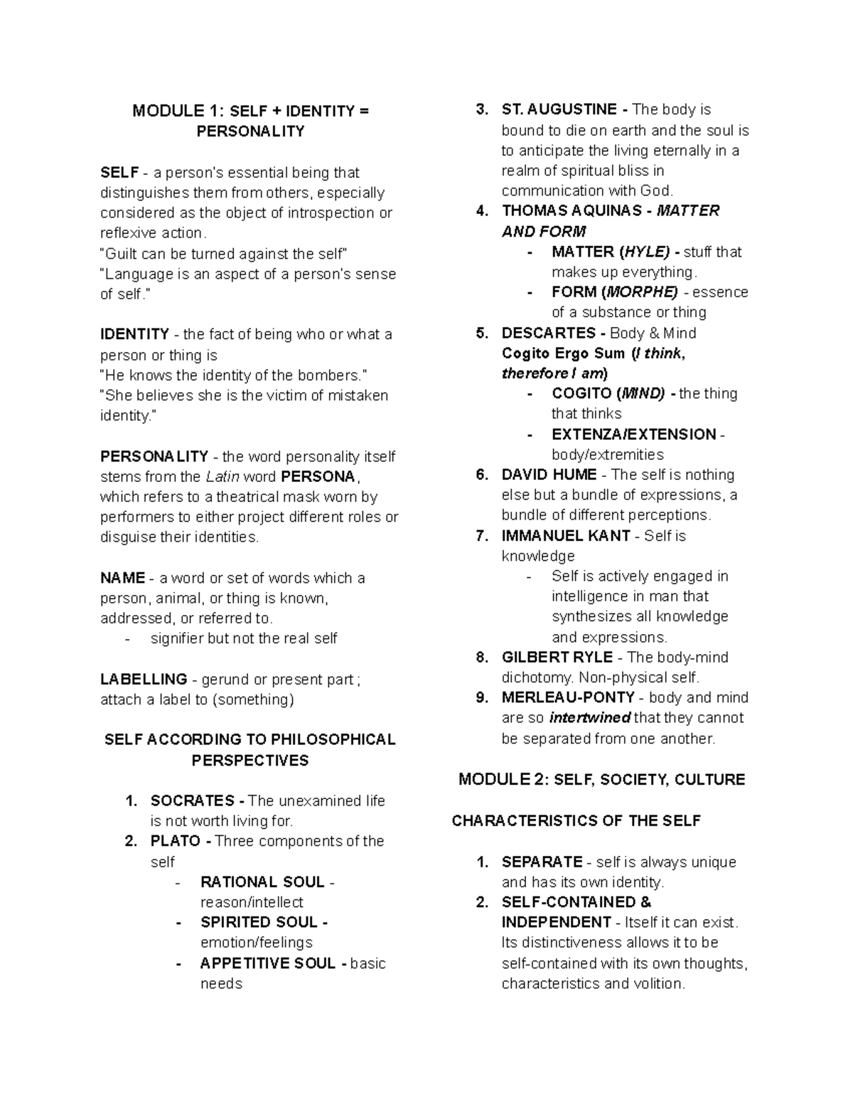 UTS- Reviewer - MODULE 1: SELF + IDENTITY = PERSONALITY SELF - a person ...
