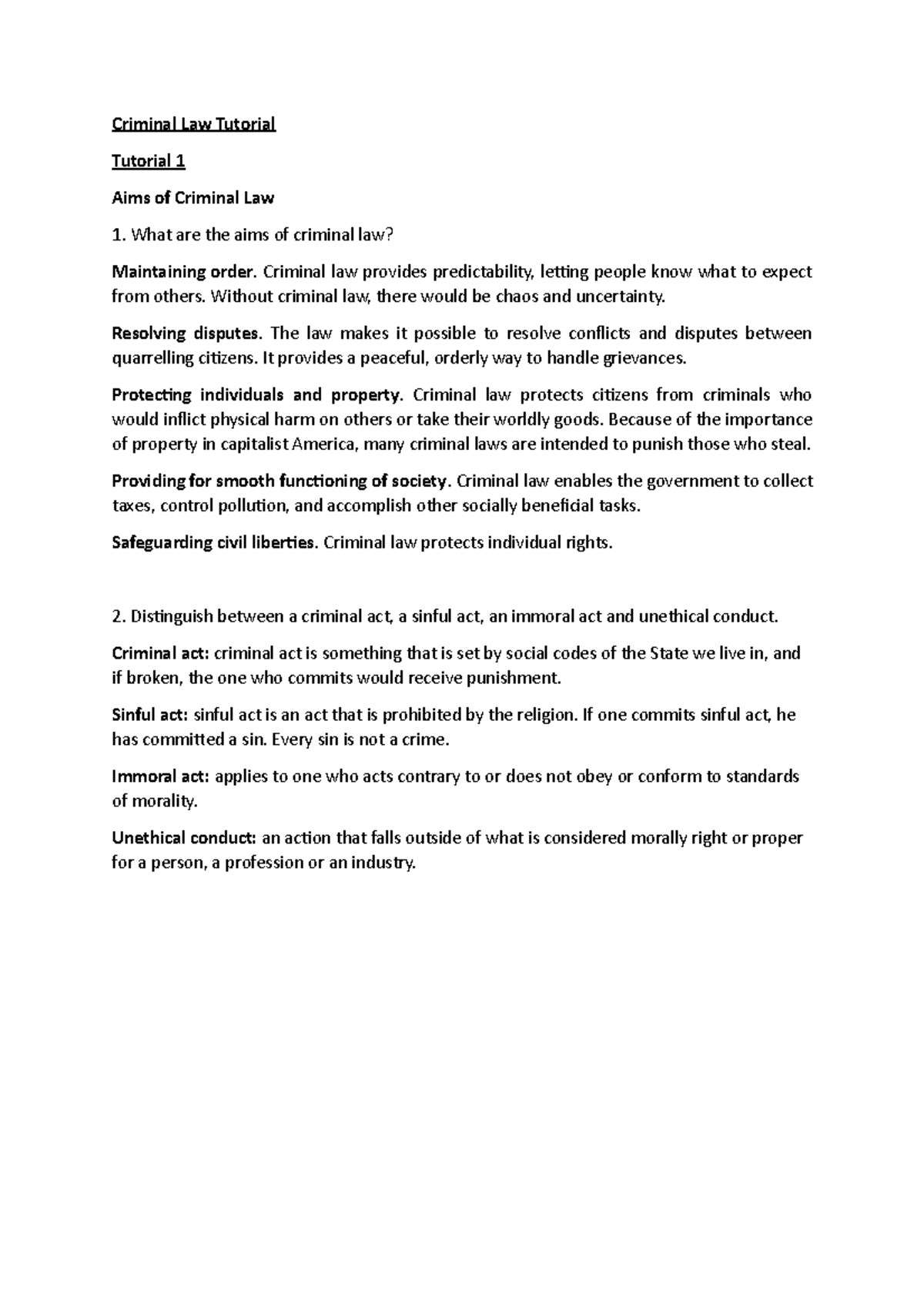 Criminal Law Tutorial - Criminal Law Tutorial Tutorial 1 Aims of ...
