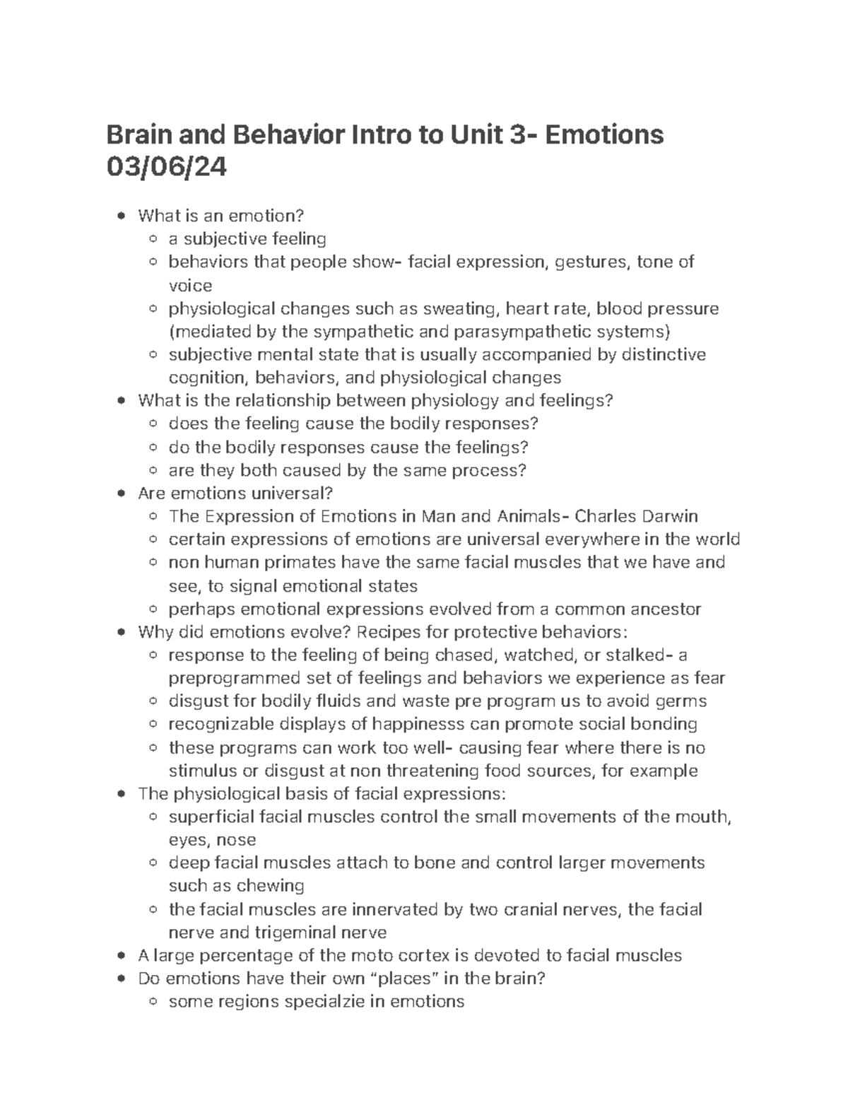 Intro to Unit 3-Emotions - Brain and Behavior - Studocu