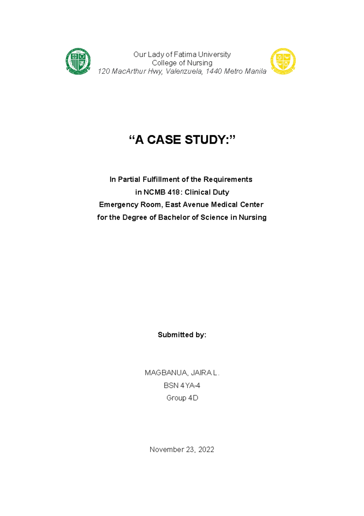 EAMC Case Study blank - Our Lady of Fatima University College of ...