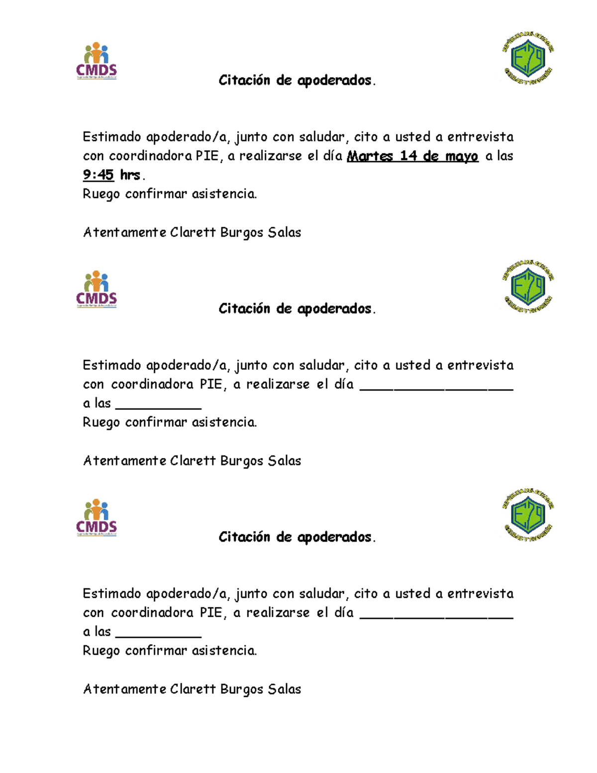 Citación de apoderados - Citación de apoderados. Estimado apoderado/a, junto con saludar, cito a ...