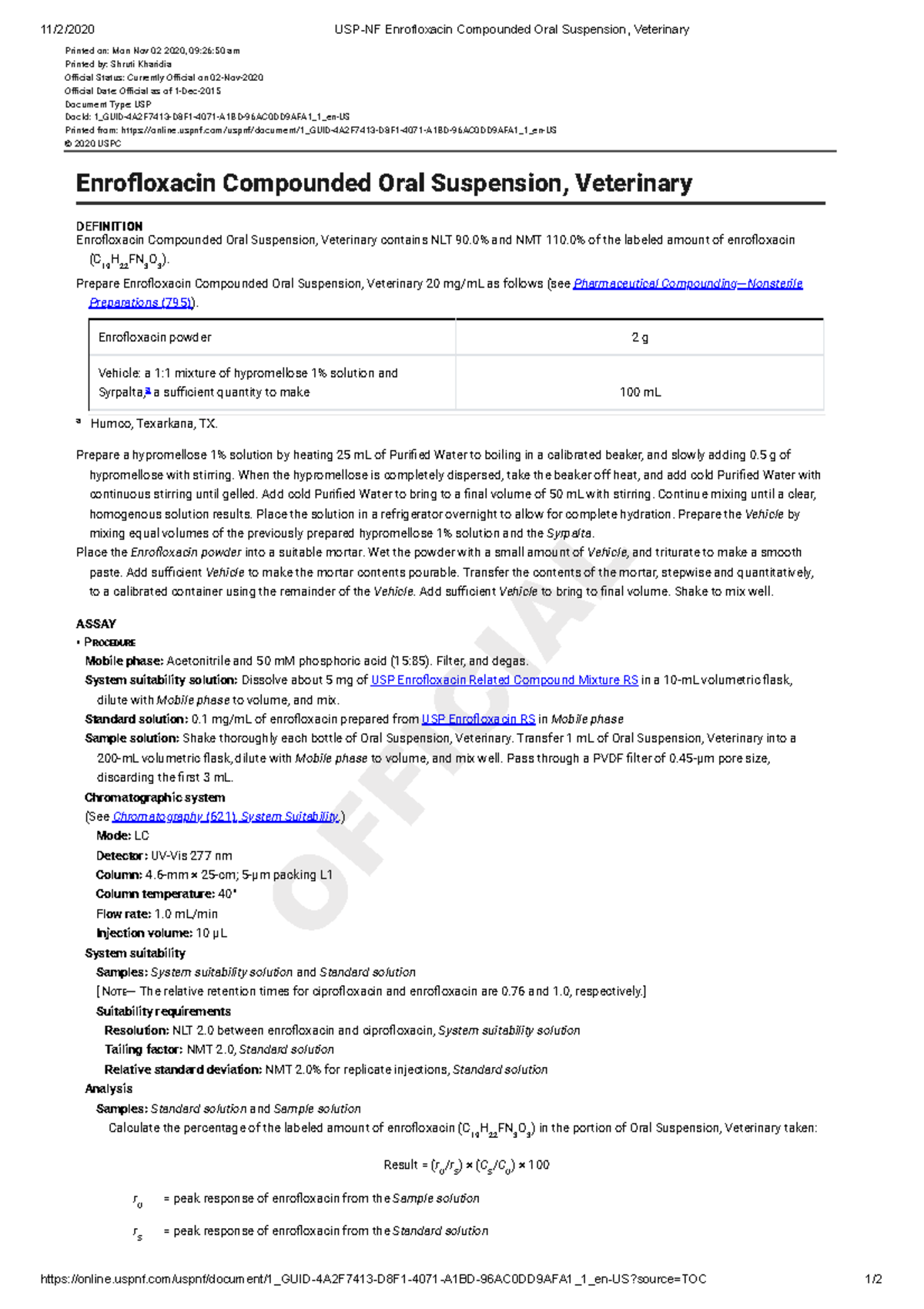 USP-NF Enrofloxacin Compounded Oral Suspension, Veterinary - - Studocu