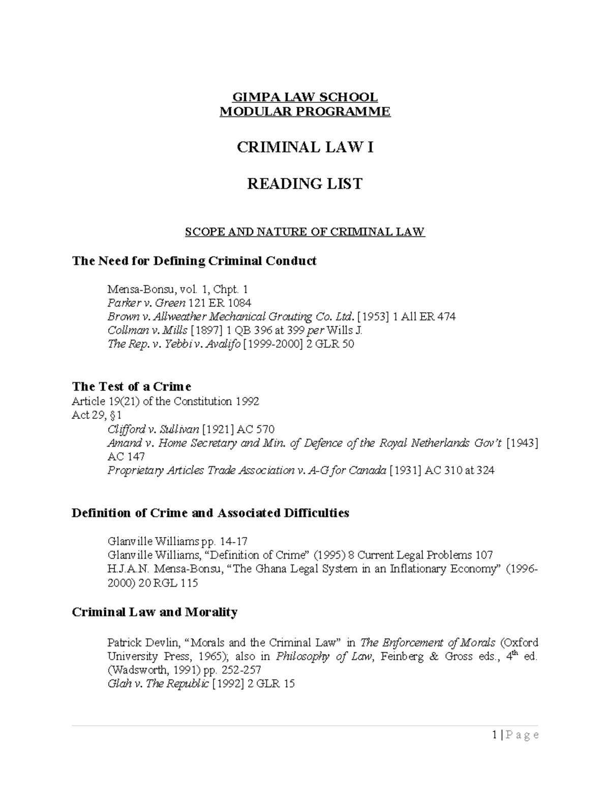 CRIMINAL LAW Reading List - GIMPA LAW SCHOOL MODULAR PROGRAMME CRIMINAL ...