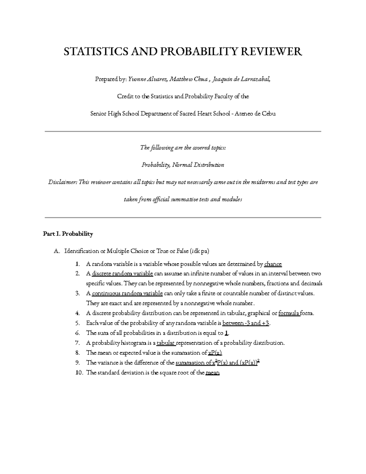 Statistics and Probability Reviewer - STATISTICS AND PROBABILITY ...