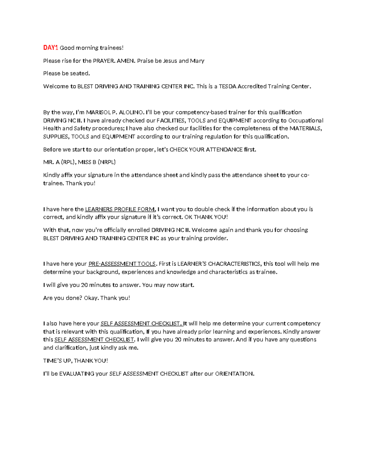 Script Facilitate Learning Session - DAY1 Good morning trainees! Please ...