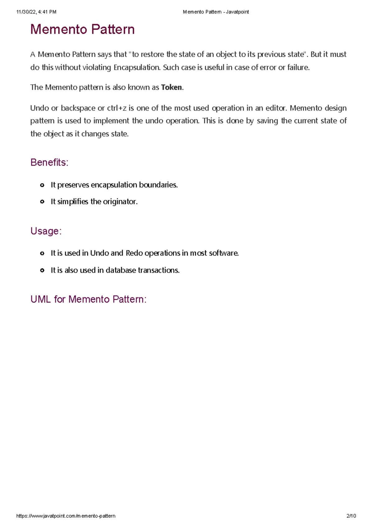 13. Memento Pattern - Javatpoint - Memento Pattern A Memento Pattern ...