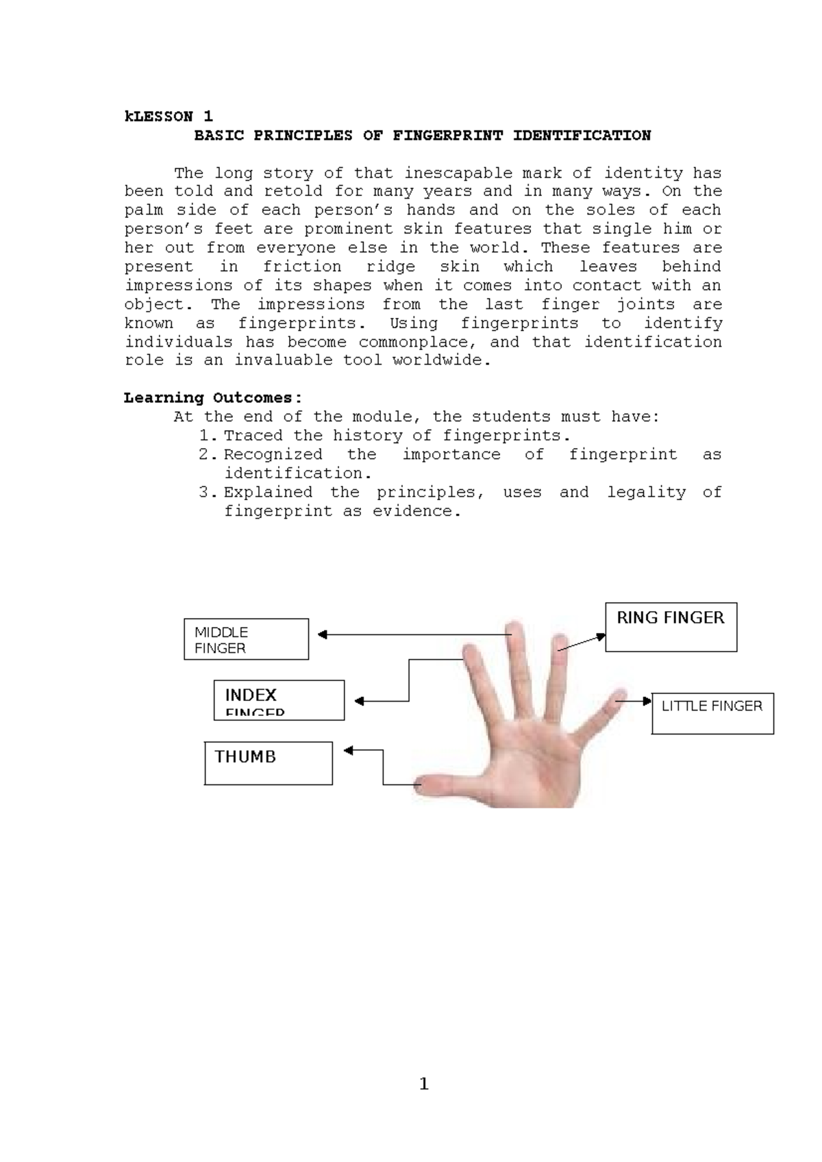 Lesson 1 - BASIC PRINCIPLES OF FINGERPRINT IDENTIFICATION - kLESSON 1 ...
