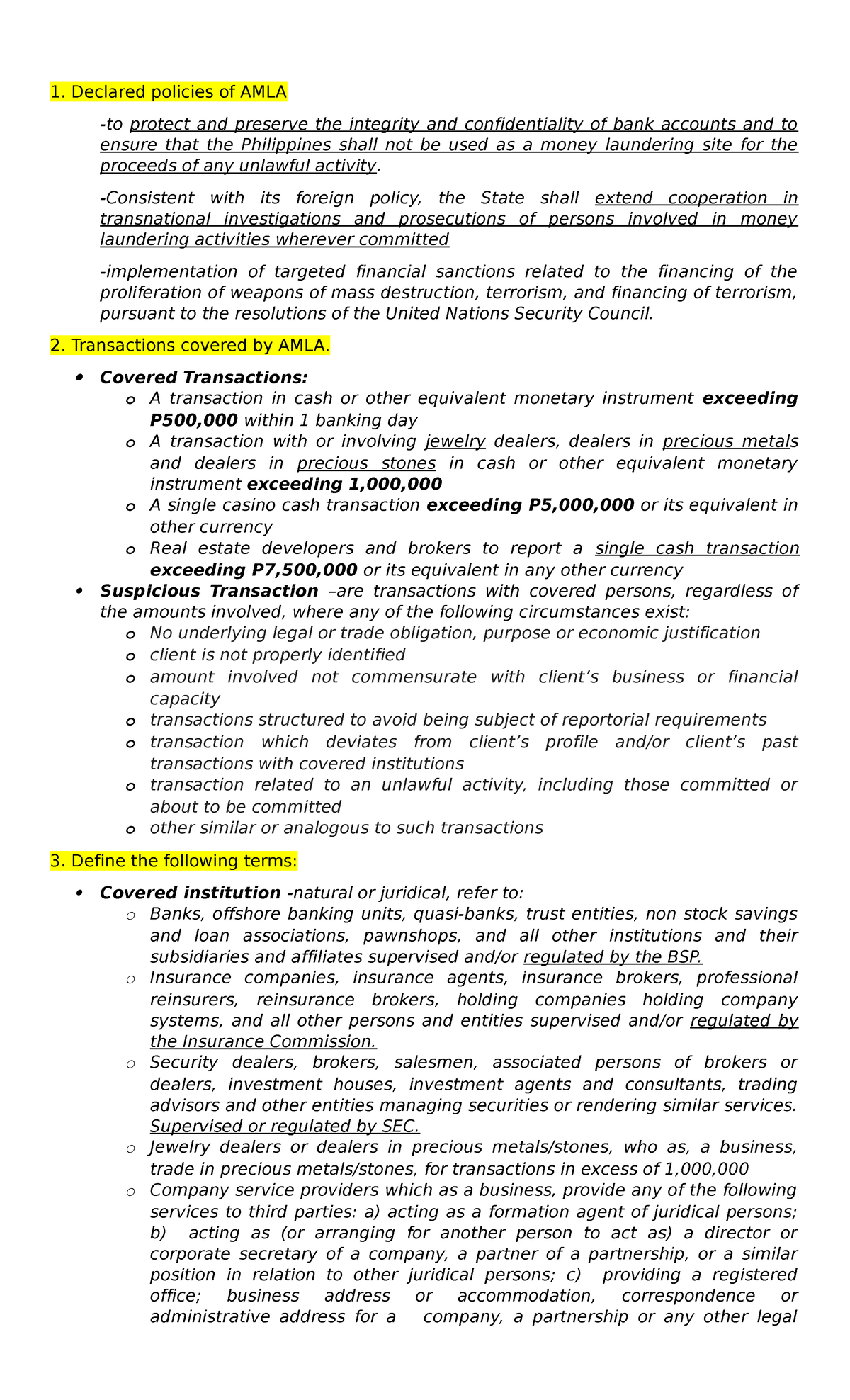 AMLA Outline - anti money launudering act - Declared policies of AMLA ...