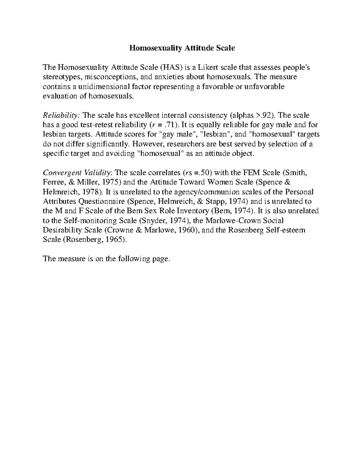 Homosexuality Attitude Scale - The measure contains a unidimensional ...