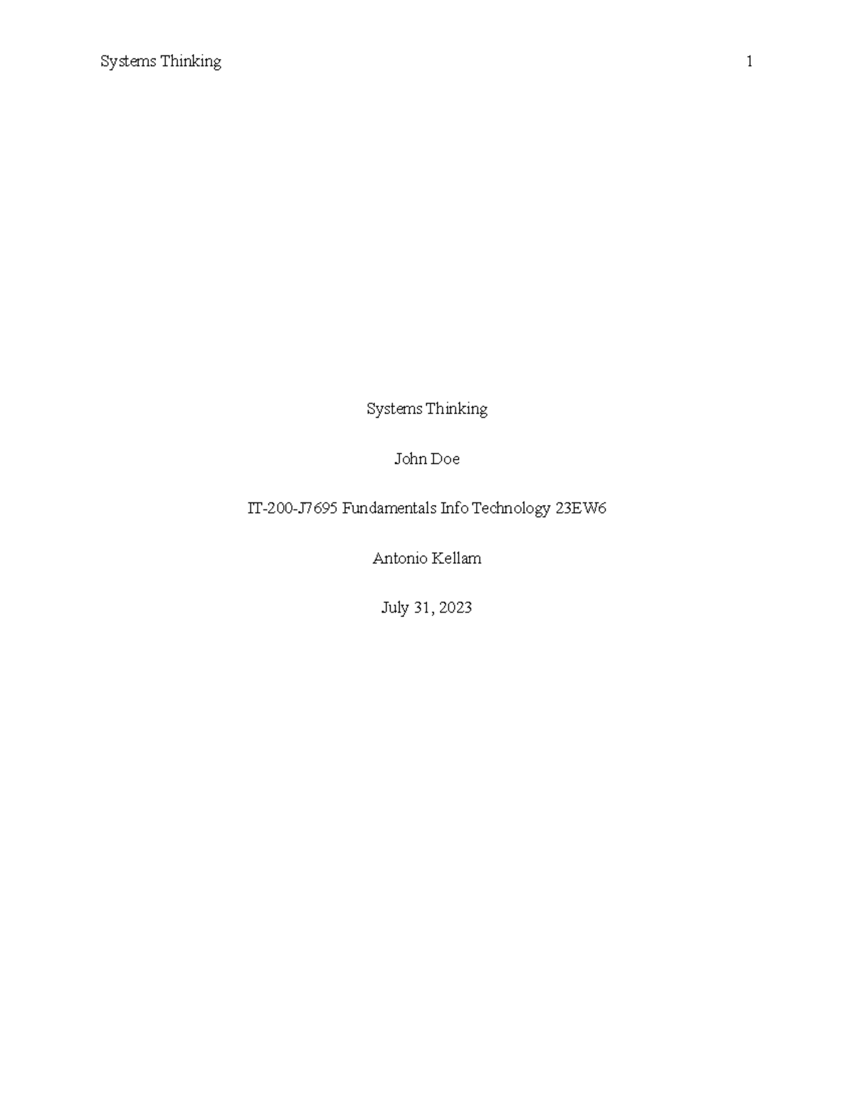 Systems Thinking Mod 6 Assignment - Systems Thinking 1 Systems Thinking ...