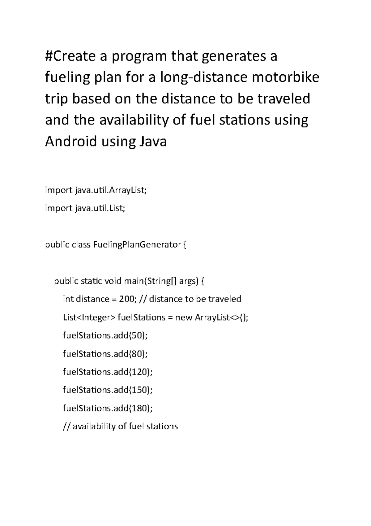 Generates a fueling plan for a long-android using java - #Create a ...