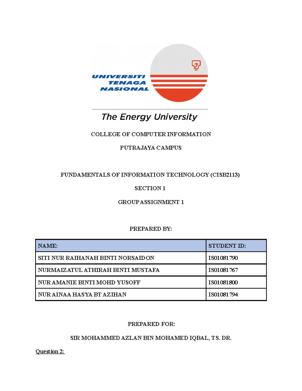 Group Assignment 1 College Of Computer Information Putrajaya Campus Fundamentals Of
