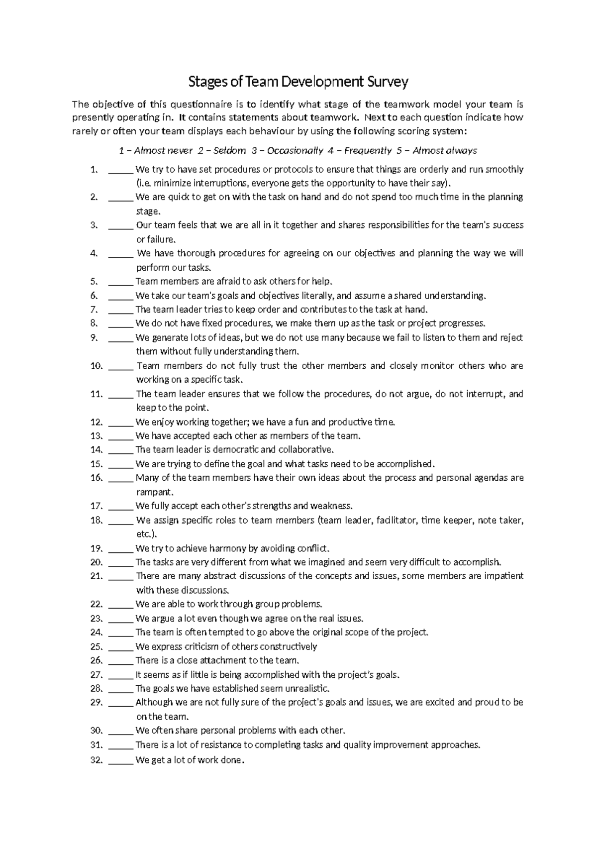 Stages of Team Development Survey - It contains statements about ...