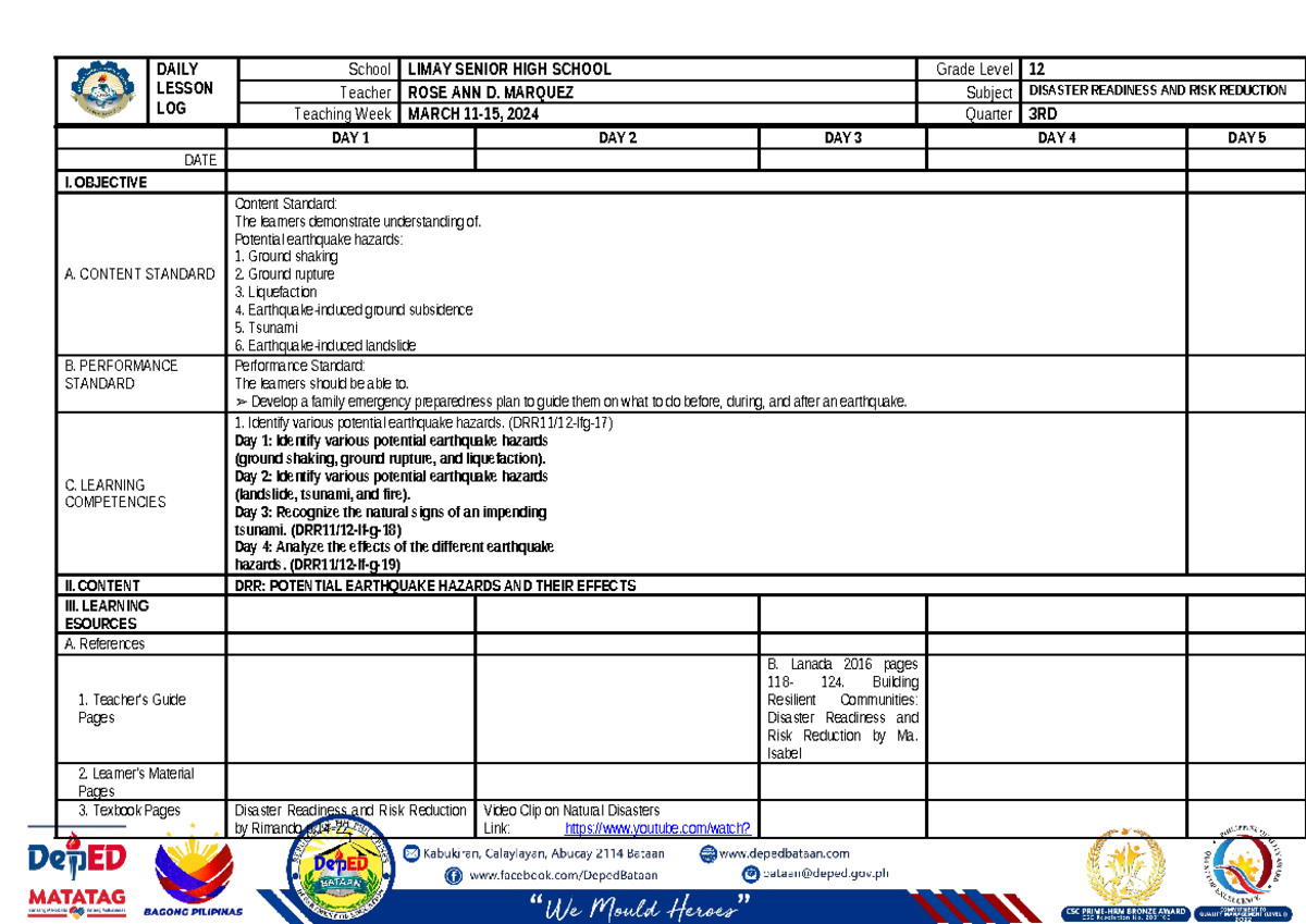 WEEK 5 DLL - DLL FOR DRR WEEK 5 - DAILY LESSON LOG School LIMAY SENIOR ...