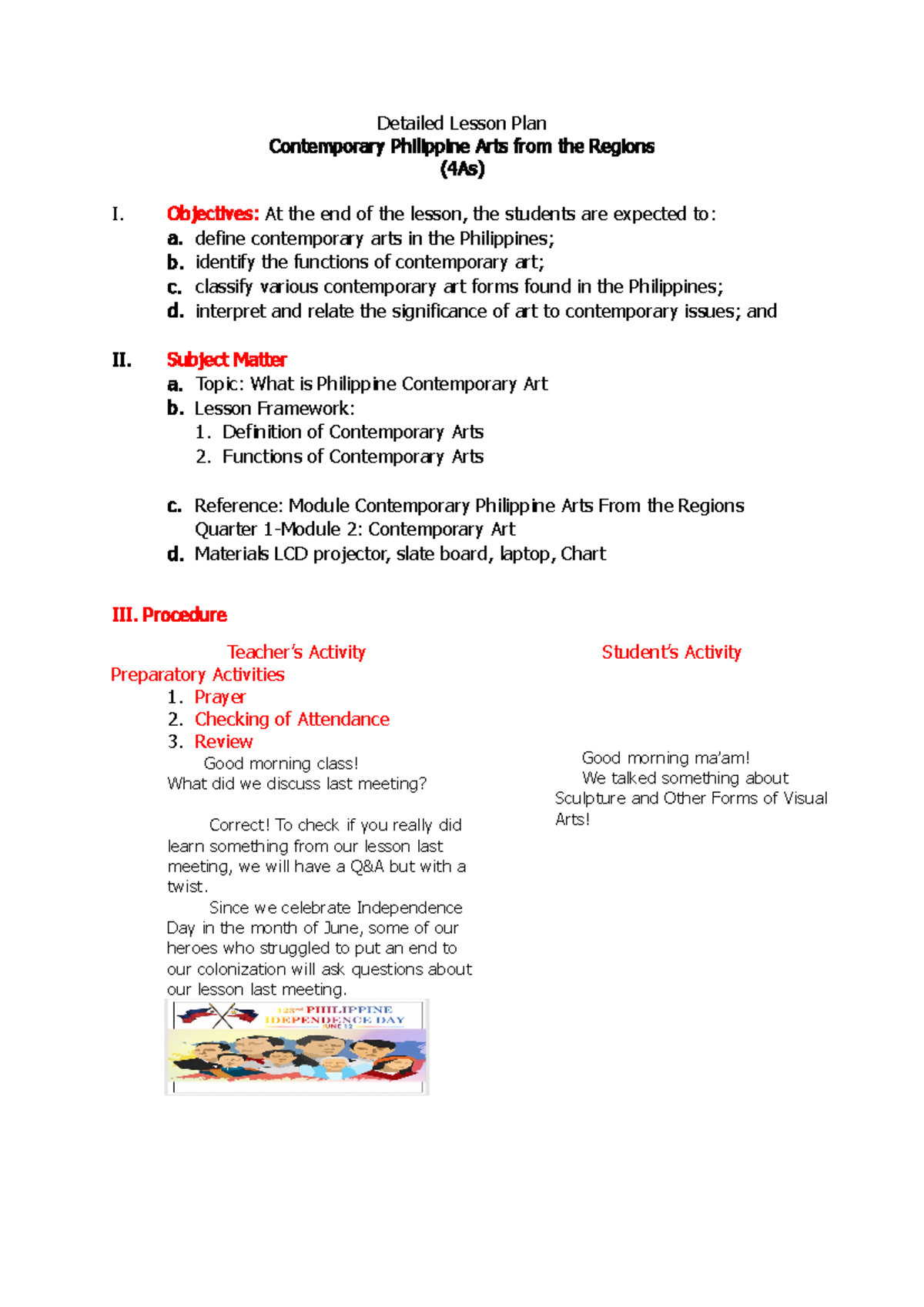 COT 2 Detailed Lesson Plan About Contemporary Arts From The Regions