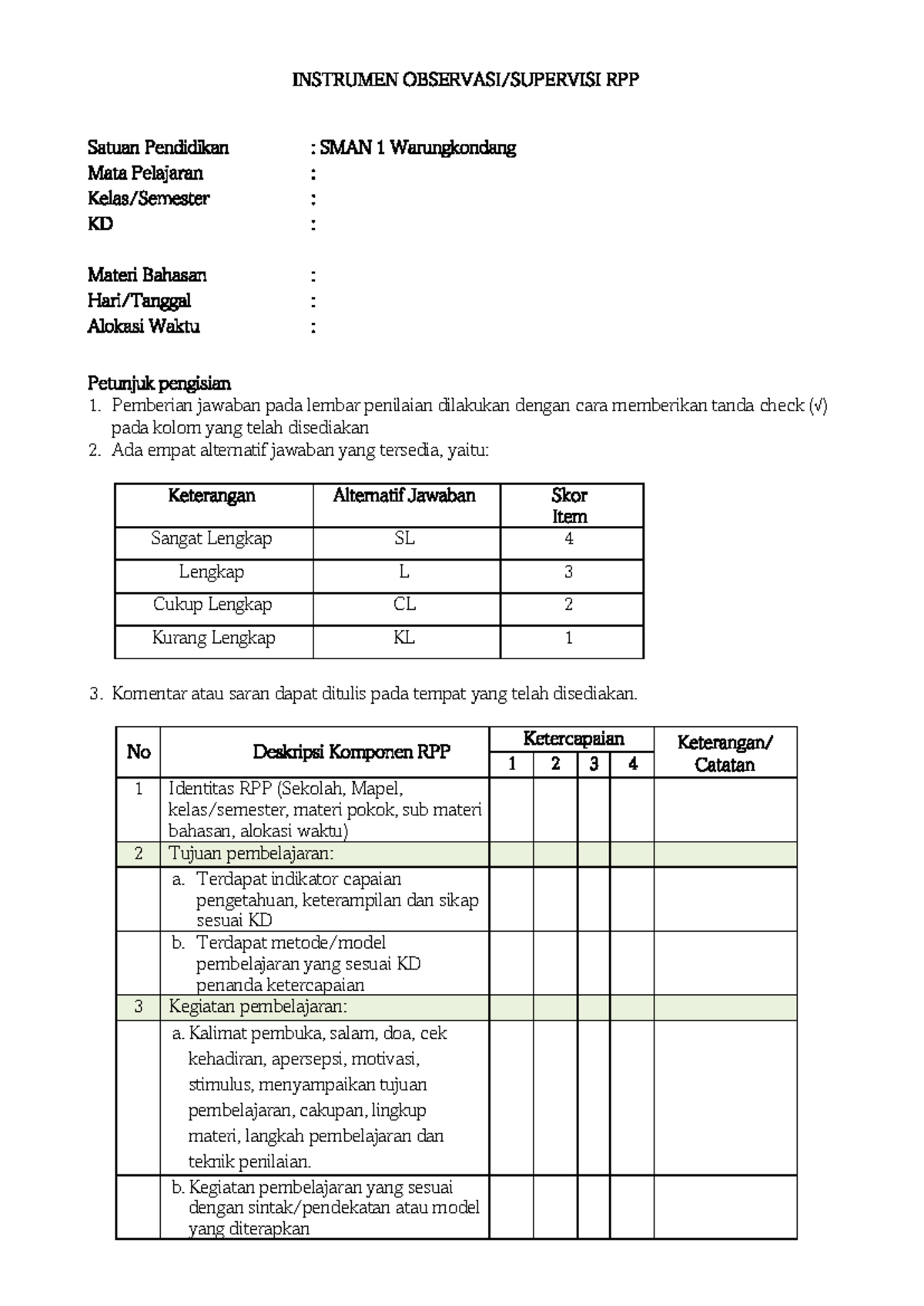Instrumen observasi RPP - INSTRUMEN OBSERVASI/SUPERVISI RPP Satuan ...