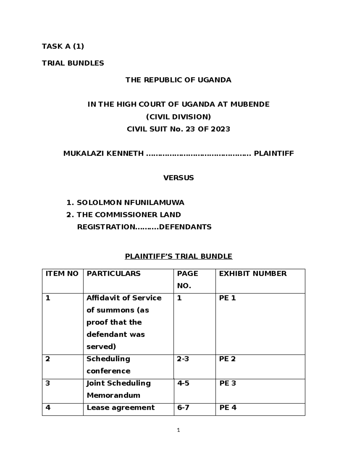 Civil Litigation Workshop - TASK A (1) TRIAL BUNDLES THE REPUBLIC OF ...