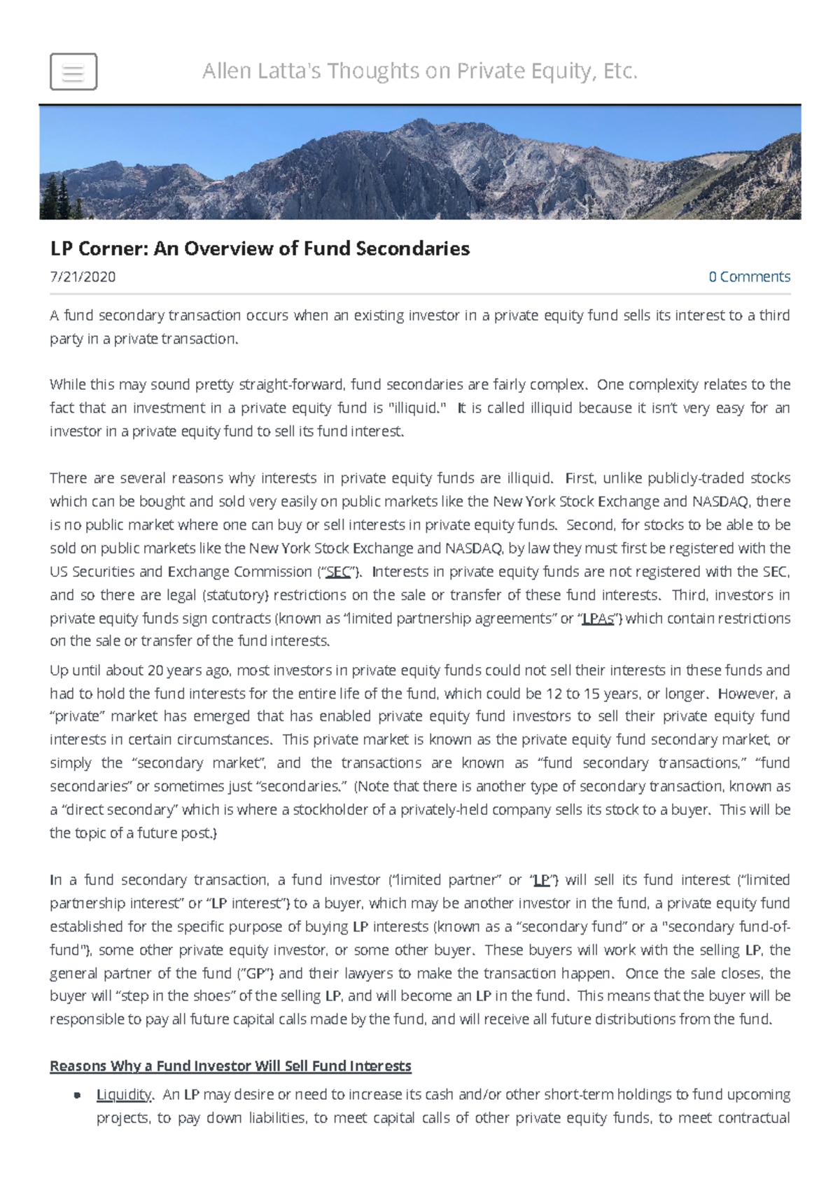 LP Corner An Overview of Fund Secondaries - Allen Latta's Thoughts on Private Equity, Etc ...